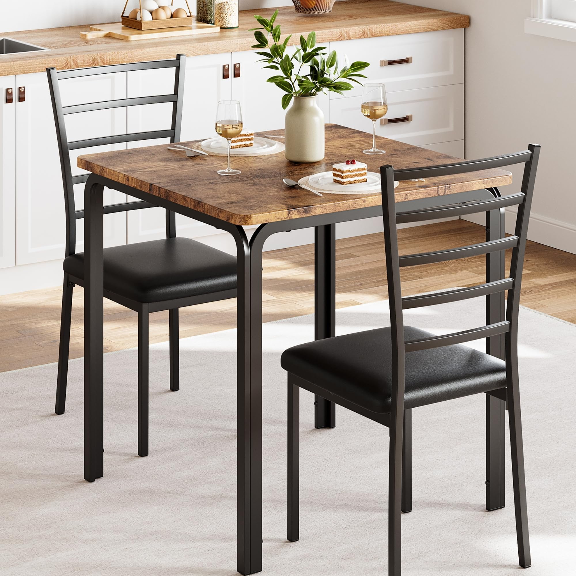 Jojoka 3 Piece Dining Set for 2, Table and 2 PU Leather Upholstered ...