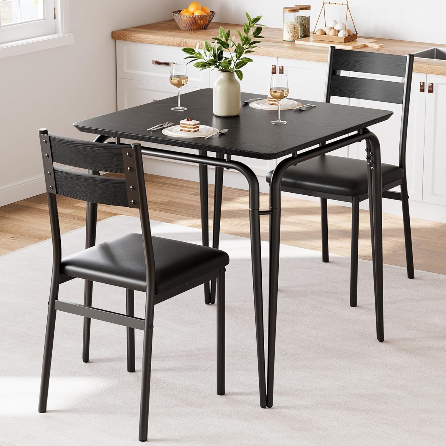 Jojoka 3 Piece Dining Set for 2, Table and 2 Upholstered Chairs, Wood ...