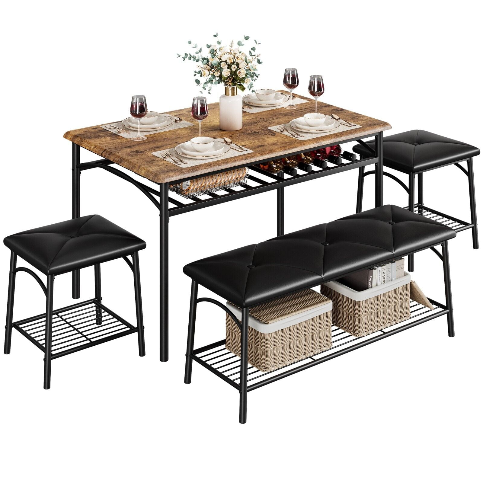 Jojoka 4 Piece Dining Set for 4, Table with Wine Rack and 2 Upholstered Stools & Bench with ...
