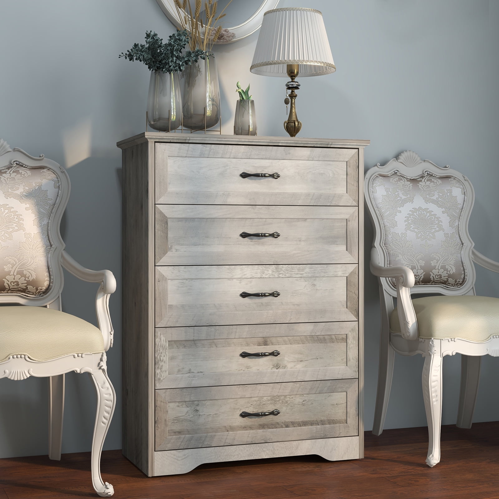 Jojoka 5-Drawers Dresser for Bedroom, Wood Tall Chest of Drawers ...