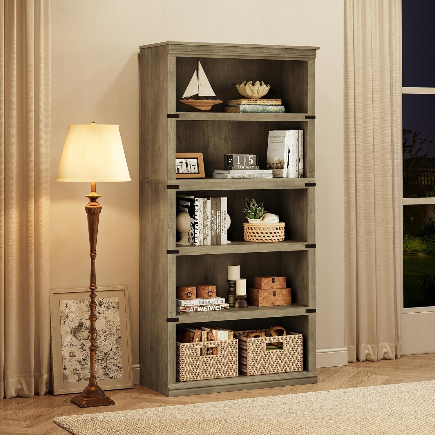 Jojoka 5 Tier Bookcase, Farmhouse Book Shelf with Storage Open Display ...