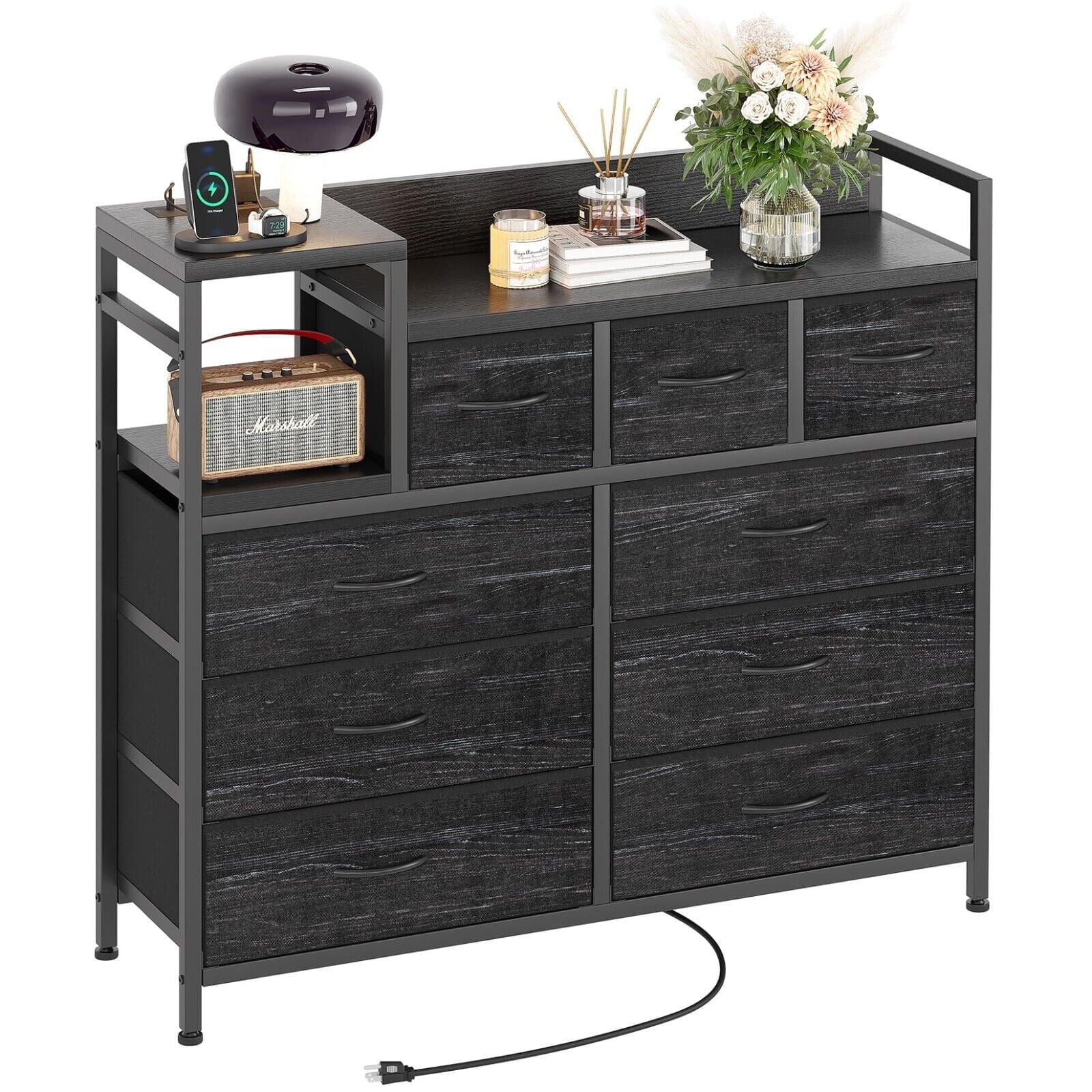 Jojoka 9-Drawers Dresser with Power Outlets, Metal Frame and Fabric ...