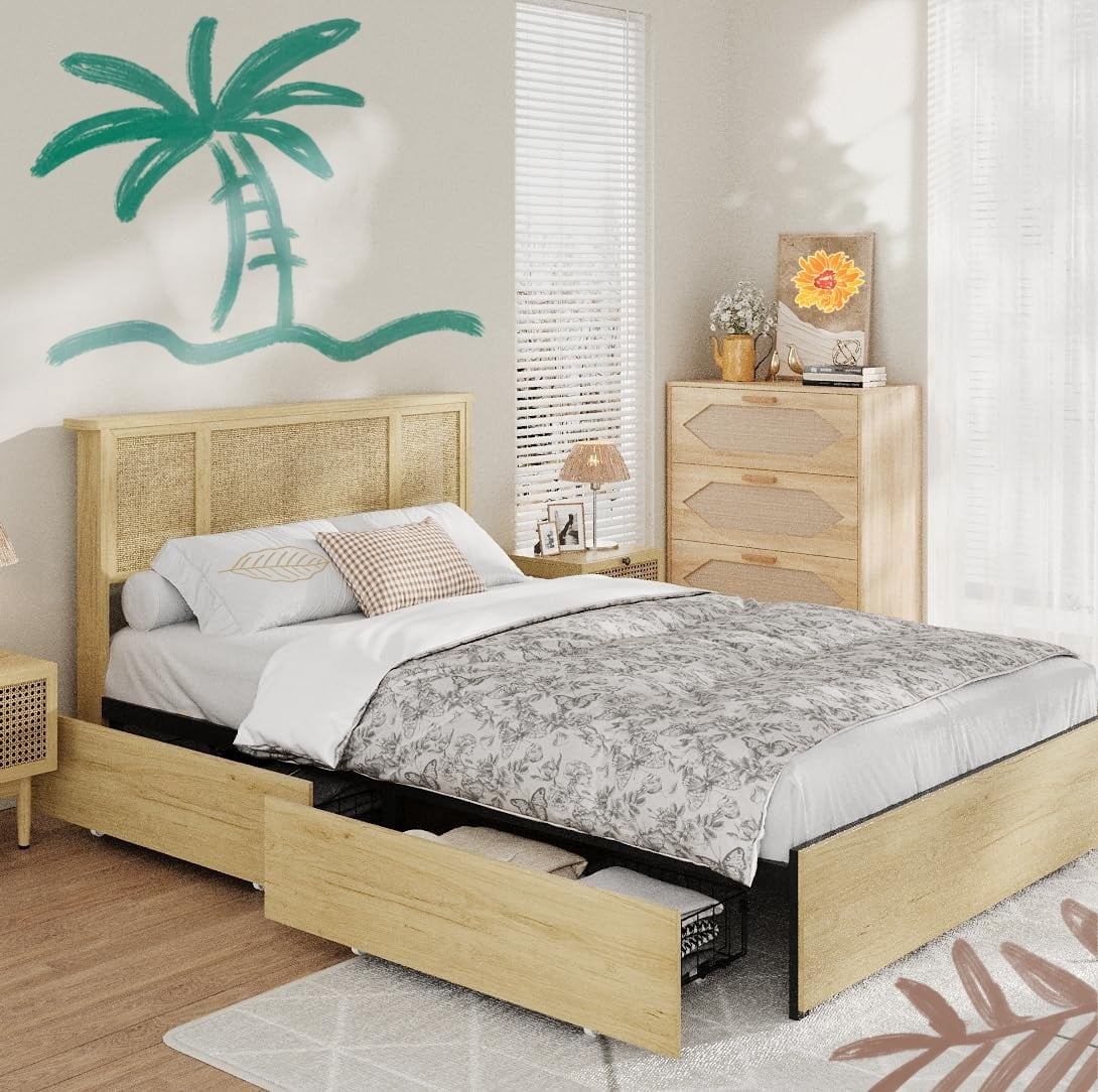 Jojoka Boho Queen Bed Frame with Handwoven Natural Rattan Headboard, 4 ...