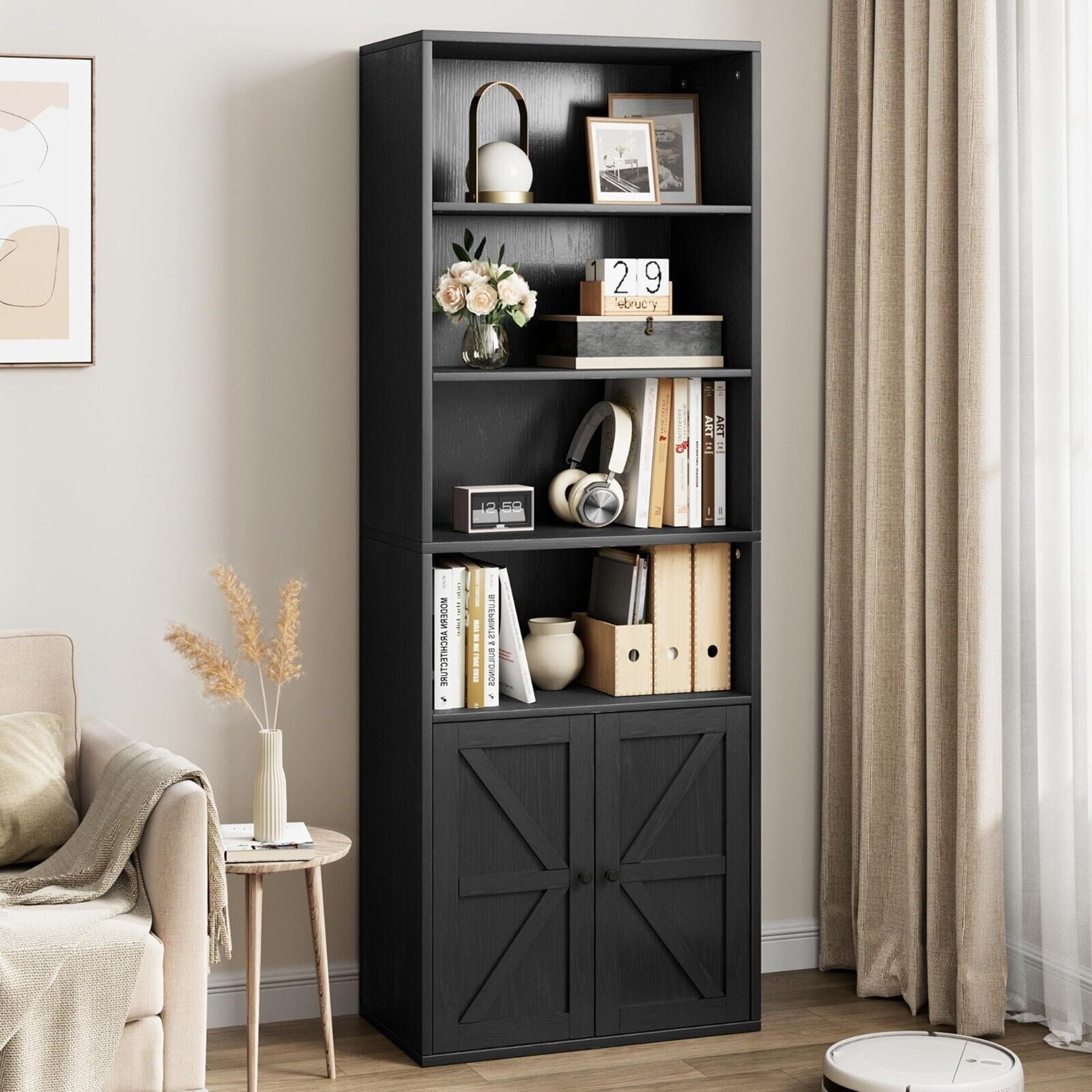 Jojoka Bookcase with Doors Industrial Bookshelf Open Display Storage ...