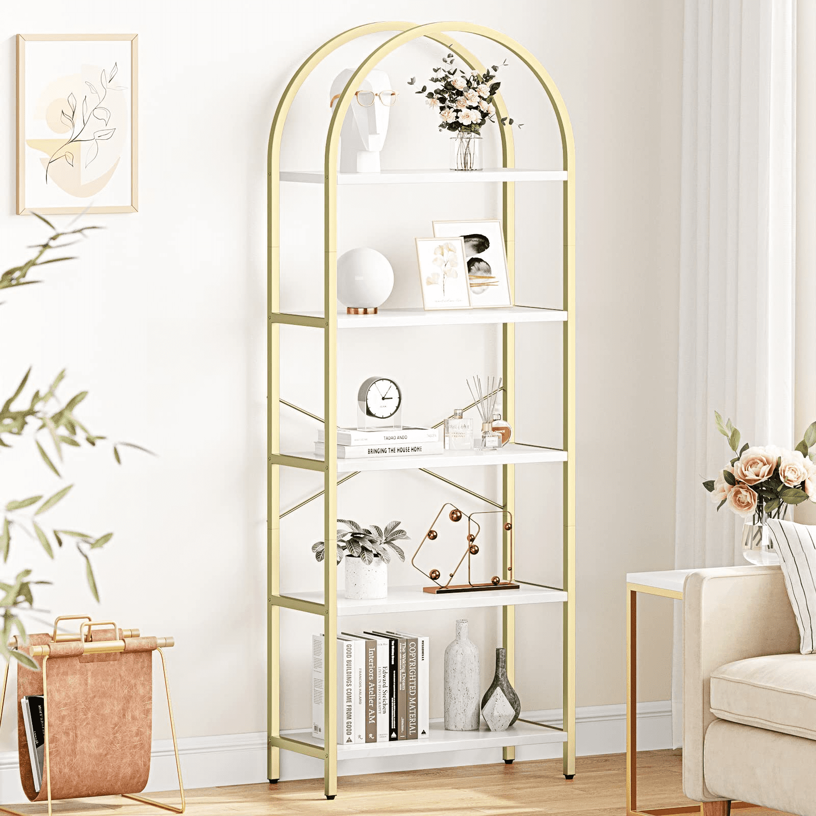 Jojoka Bookshelf 5 Tier Bookcase Arched Display Racks Tall Standing ...