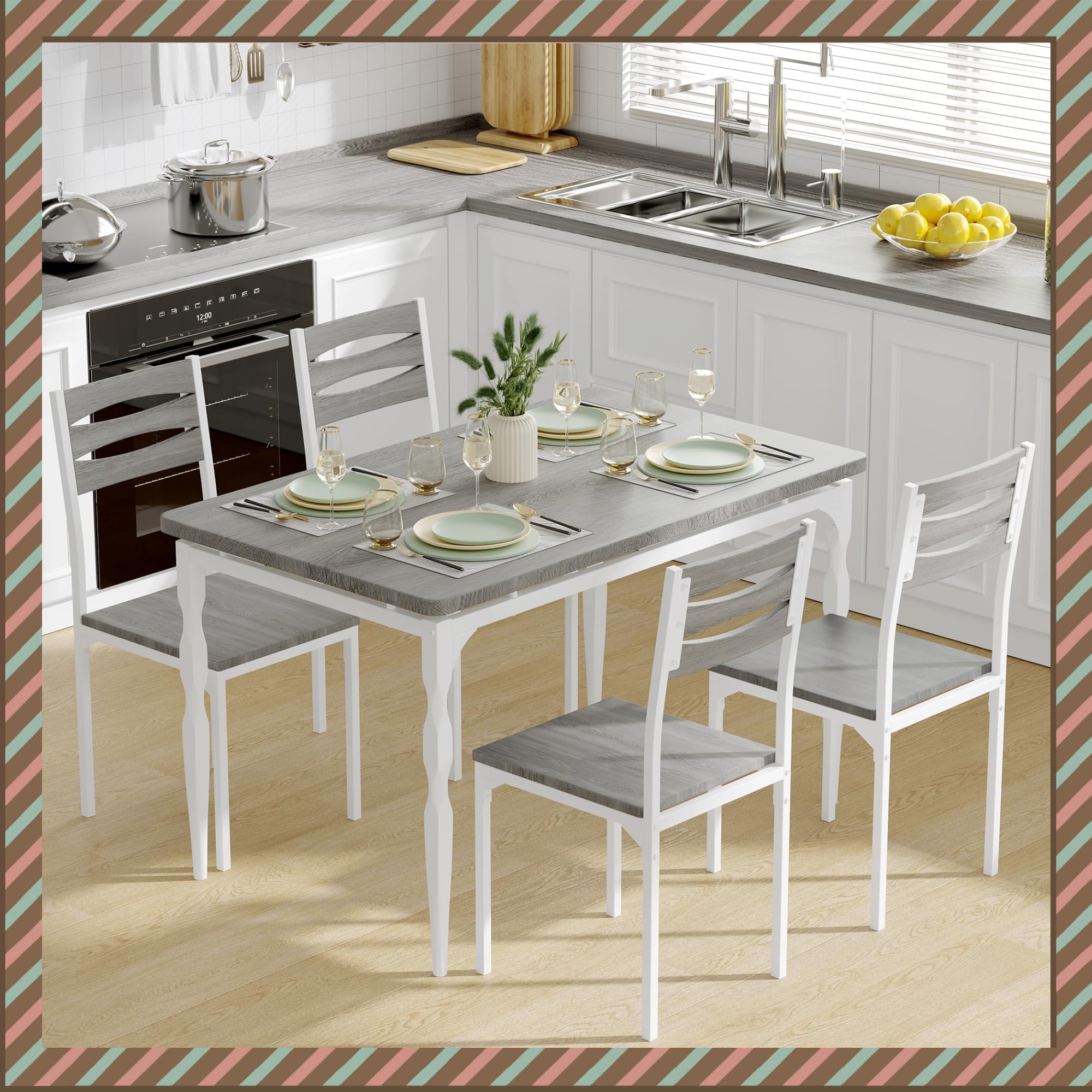 Jojoka Compact 5-Piece Dining Table Set with Chairs, Rustic Wood ...