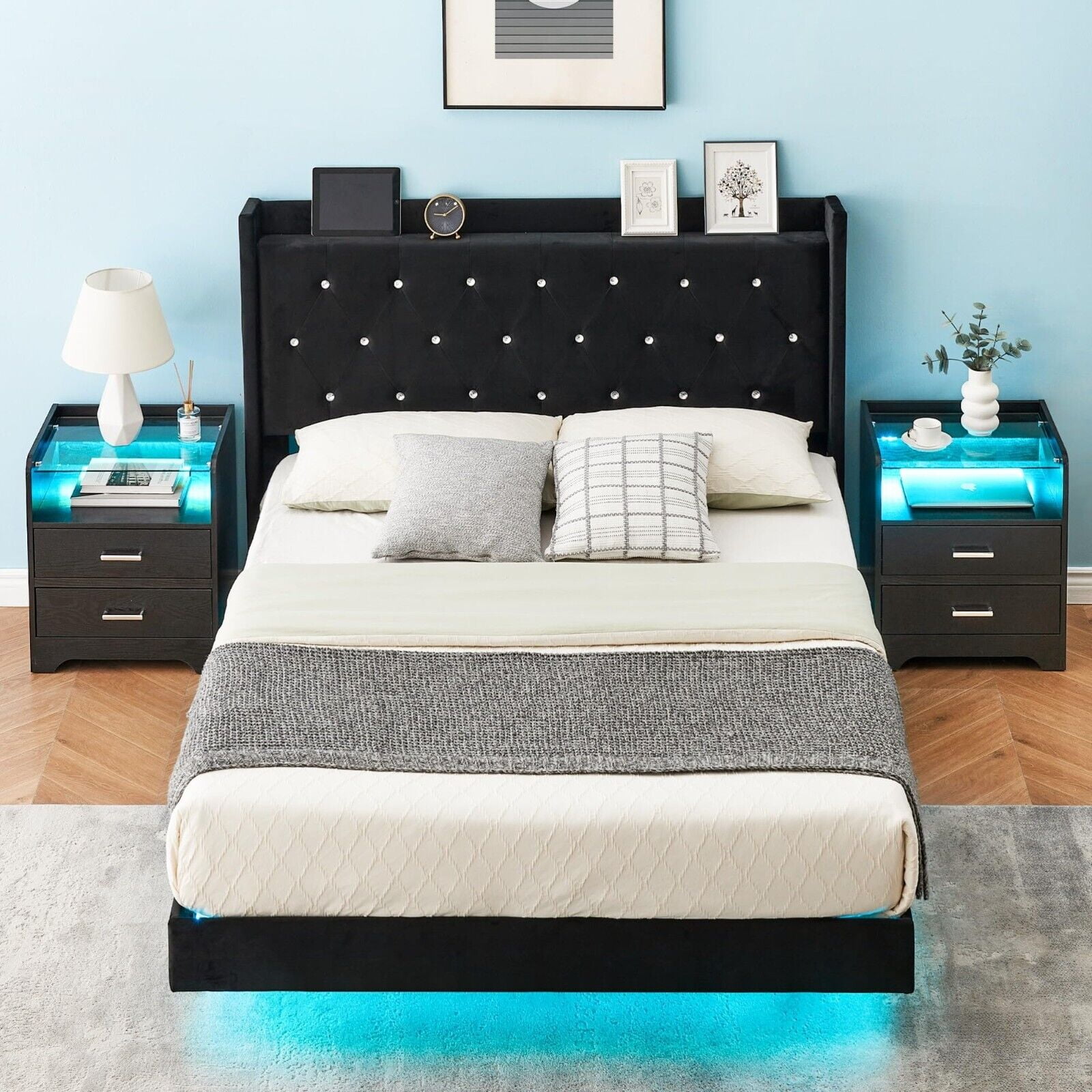 Jojoka Floating Full Size Bed Frame with LED Light, Velvet Upholstered ...