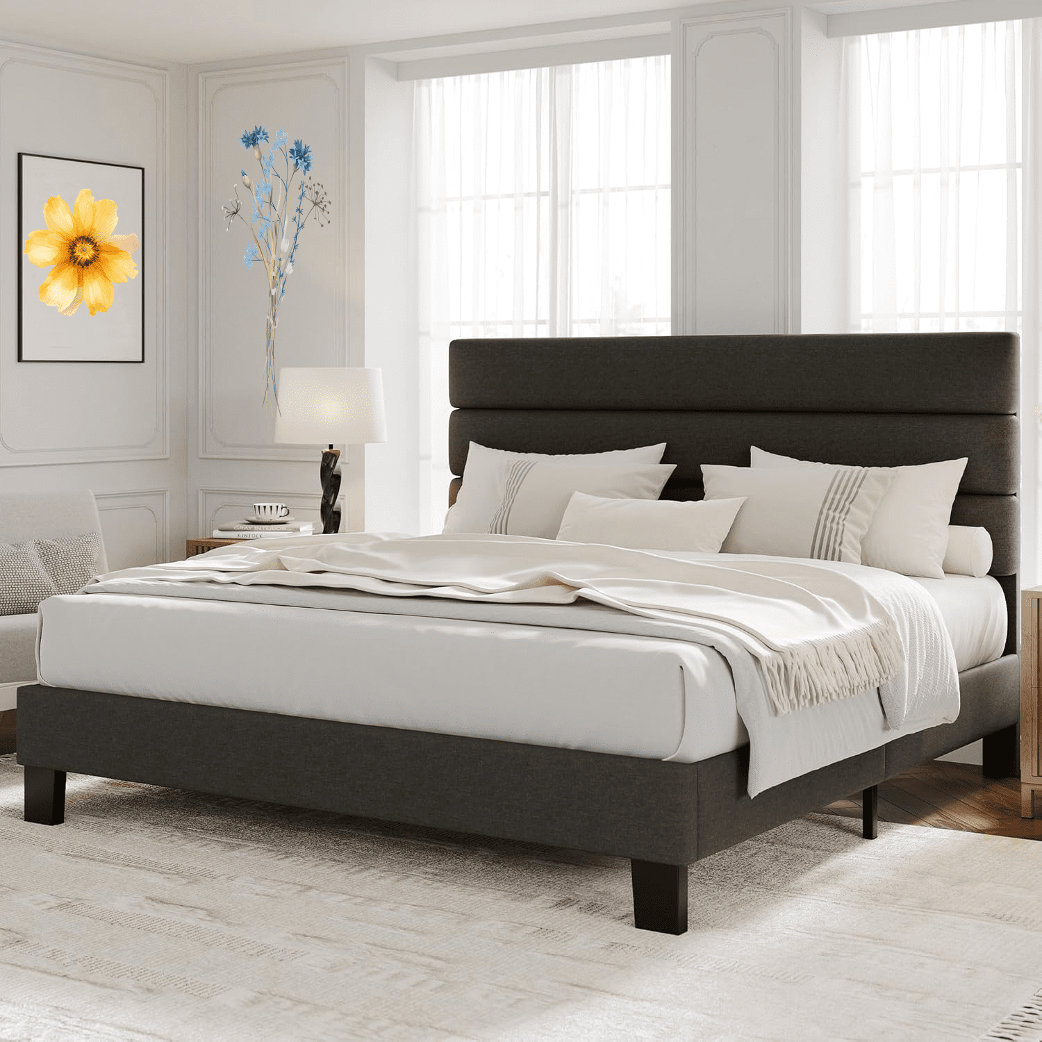 Jojoka Full Size Bed Frame with Adjustable Linen Upholstered Headboard ...
