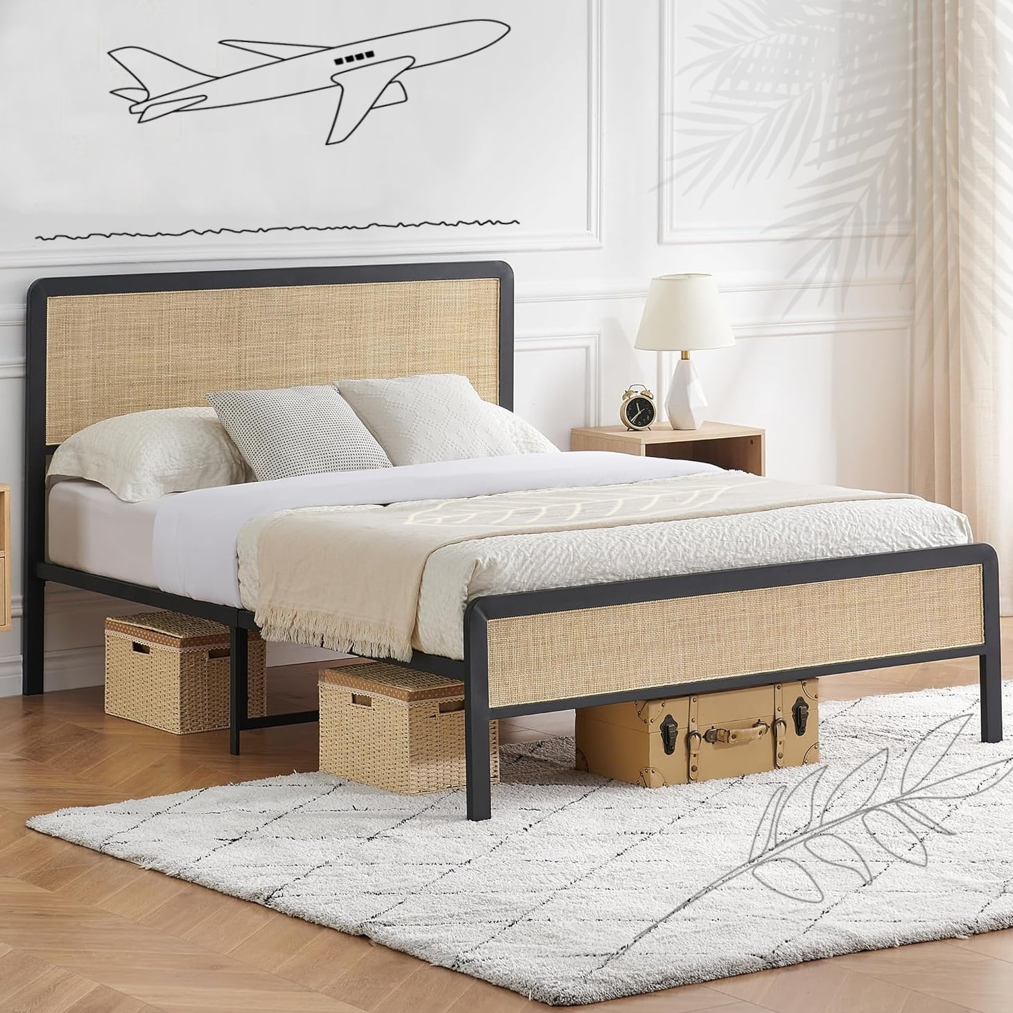 Jojoka Full Size Rattan Bed Frame with Cane Headboard and Footboard ...