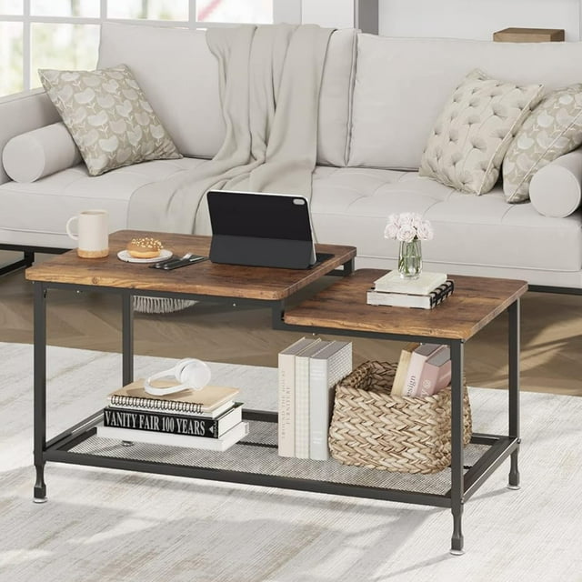 Jojoka Industrial Coffee Table 2-Tier Rectangle Storage Cocktail Table ...