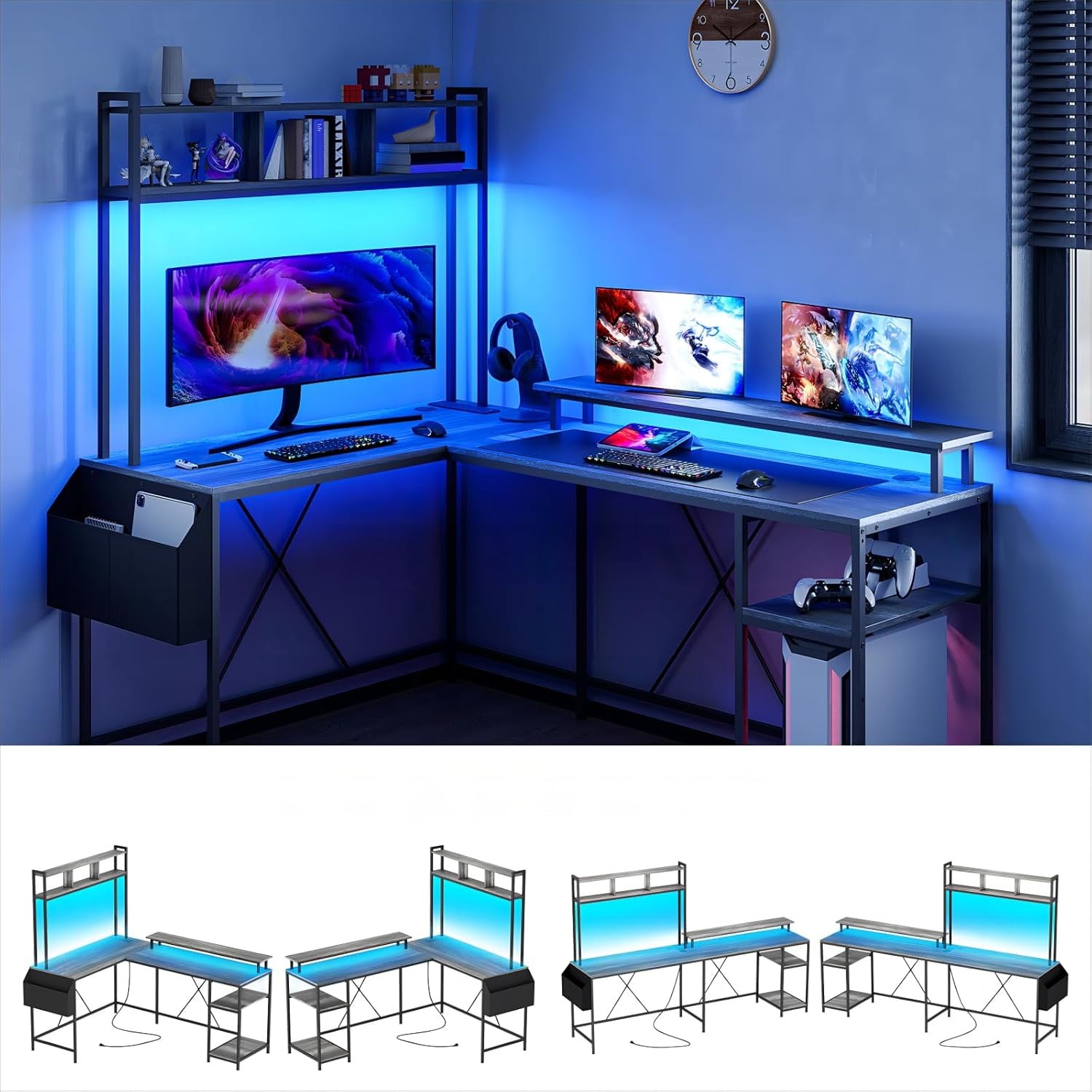 Jojoka L Shaped Computer Gaming Desk with LED Lights & Power Outlets ...