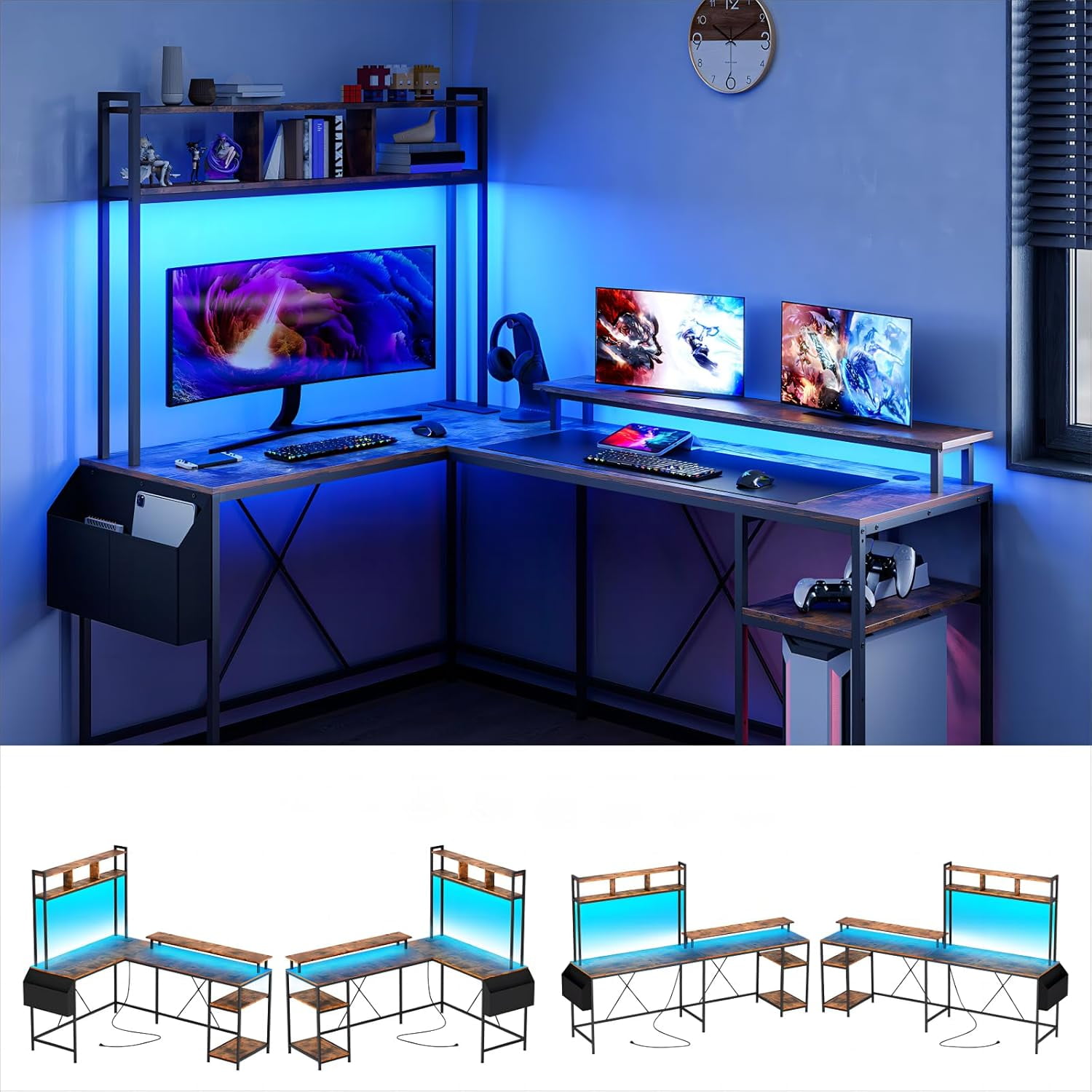 Jojoka L Shaped Computer Gaming Desk with LED Lights & Power Outlets ...