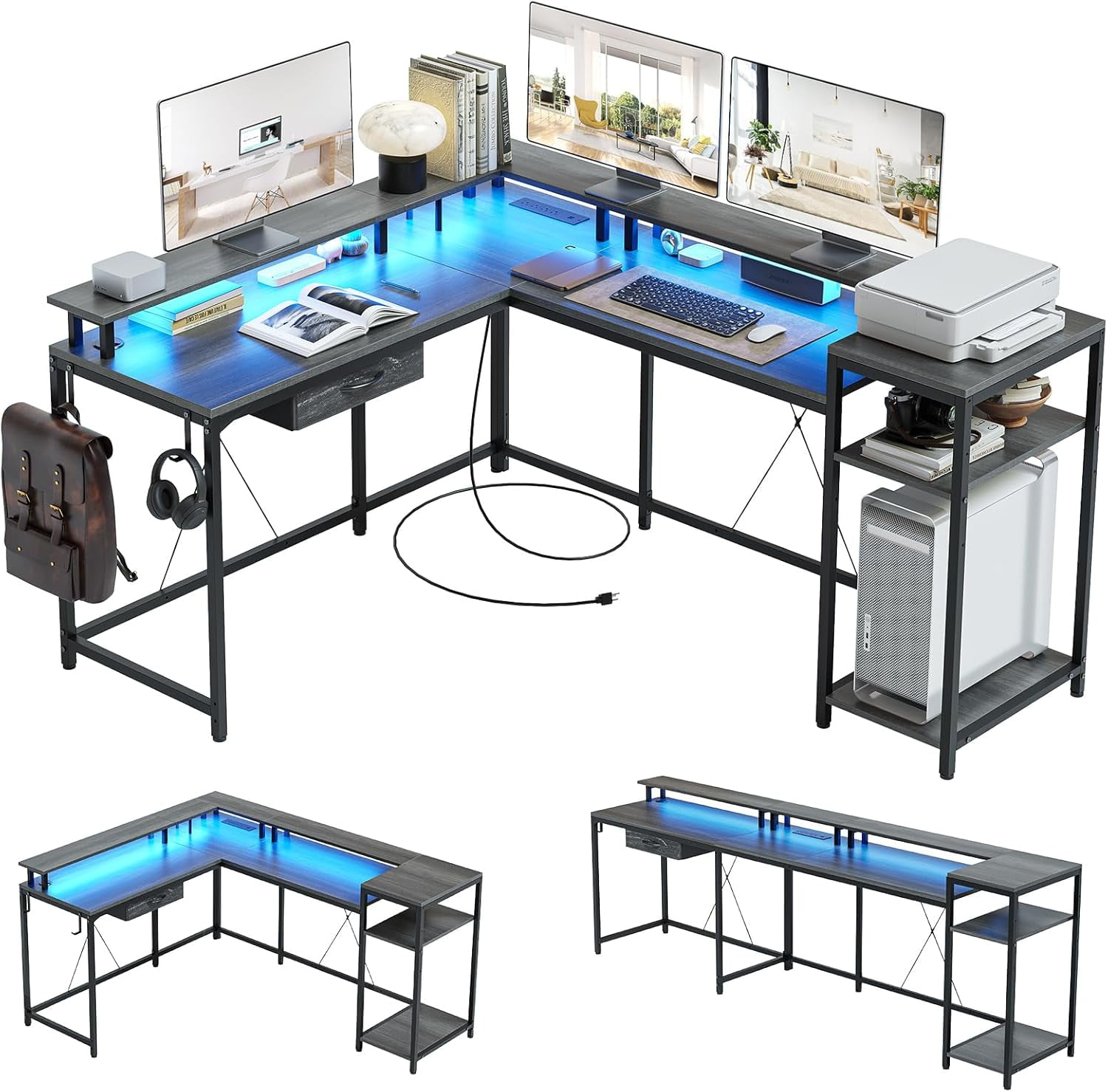 Jojoka L Shaped Gaming Desk,68" Computer Desk with Power Outlets & LED Lights, Home Office Desk ...