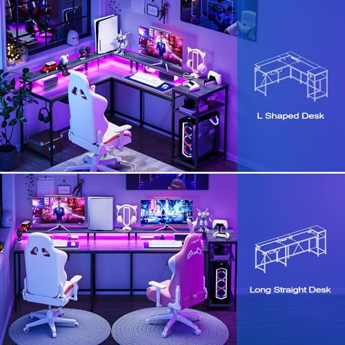 Jojoka L Shaped Gaming Desk,68" Computer Desk with Power Outlets & LED Lights, Home Office Desk ...