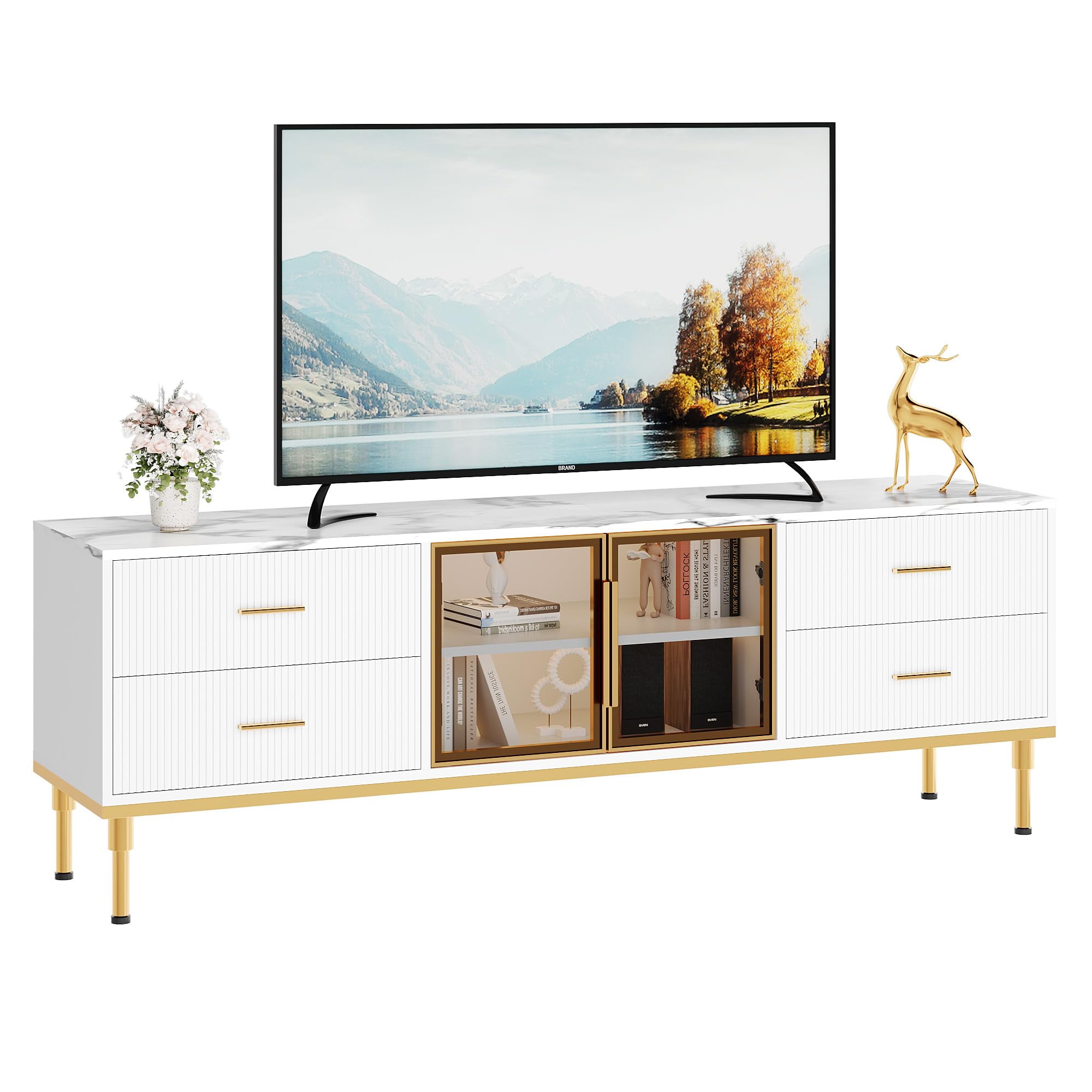 Jojoka Modern 65 Inch TV Stand with LED Lights, Storage Drawers & Glass ...