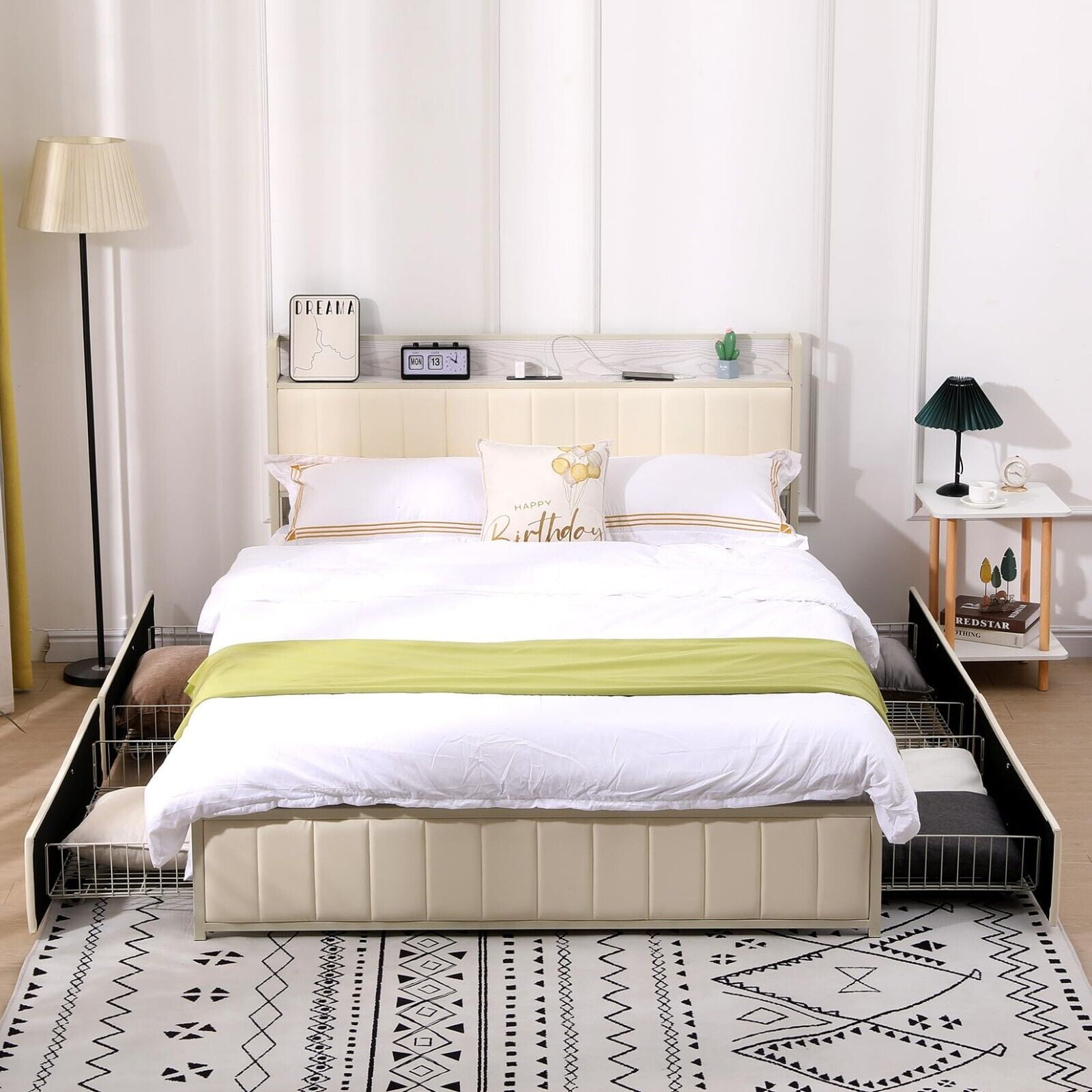 Jojoka PU Leather Queen Size Bed Frame with Upholstered Headboard and 4 ...