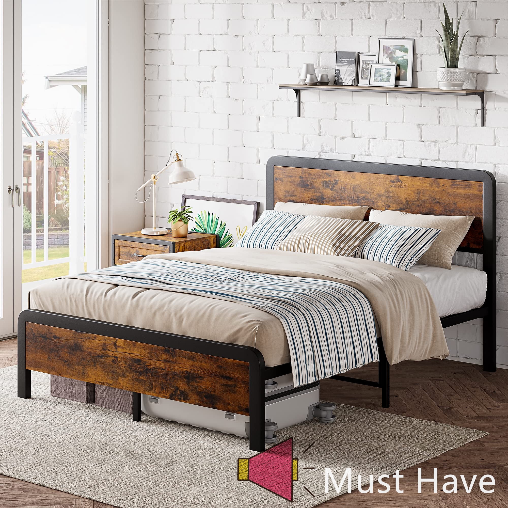 Jojoka Queen Bed Frame with Wood Headboard and Footboard, Heavy Duty ...