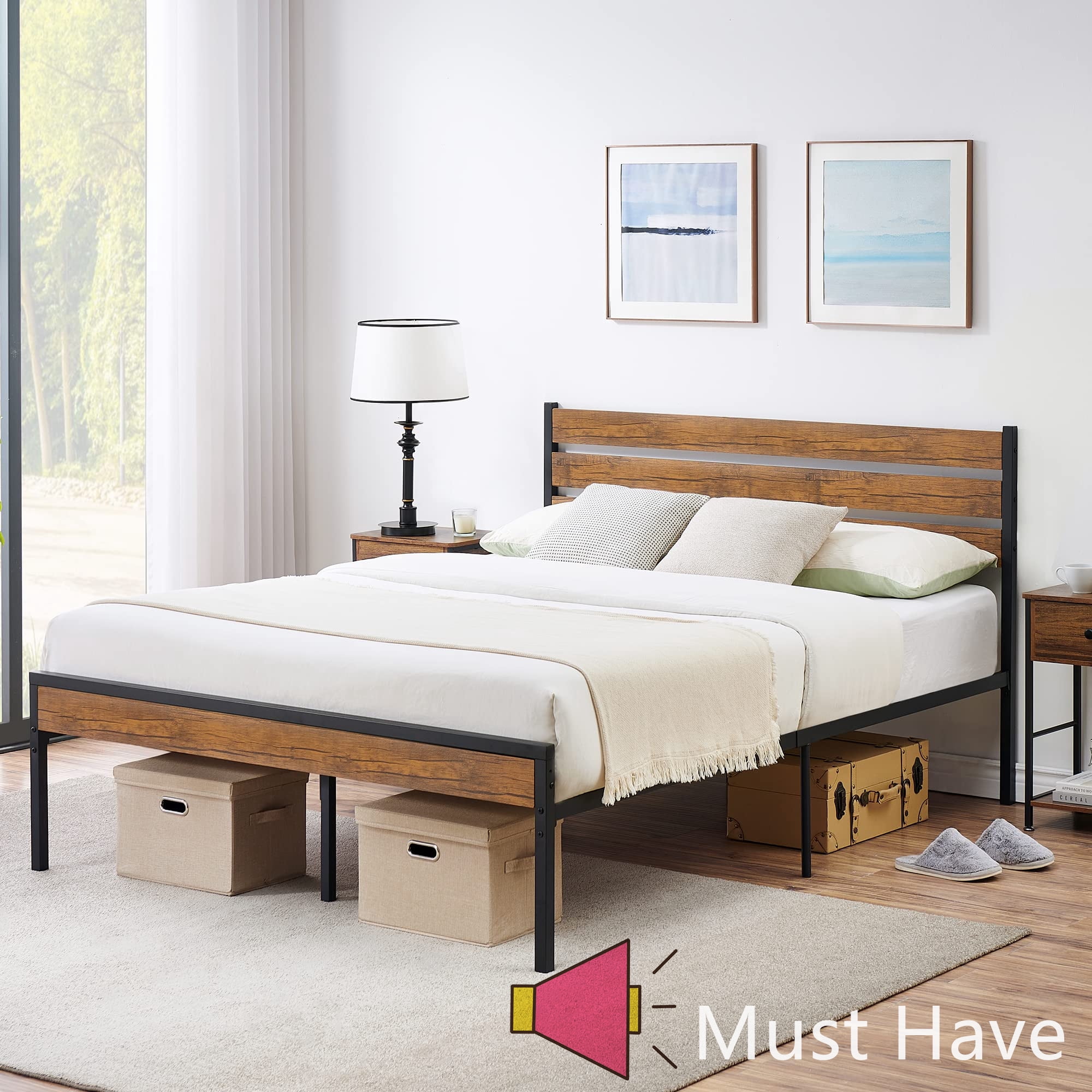 Jojoka Queen Bed Frame with Wood Headboard and Footboard, Metal ...