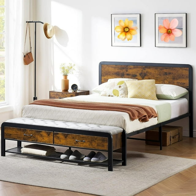 Jojoka Queen Platform Bed Frame with Rustic Wood Headboard, Storage ...