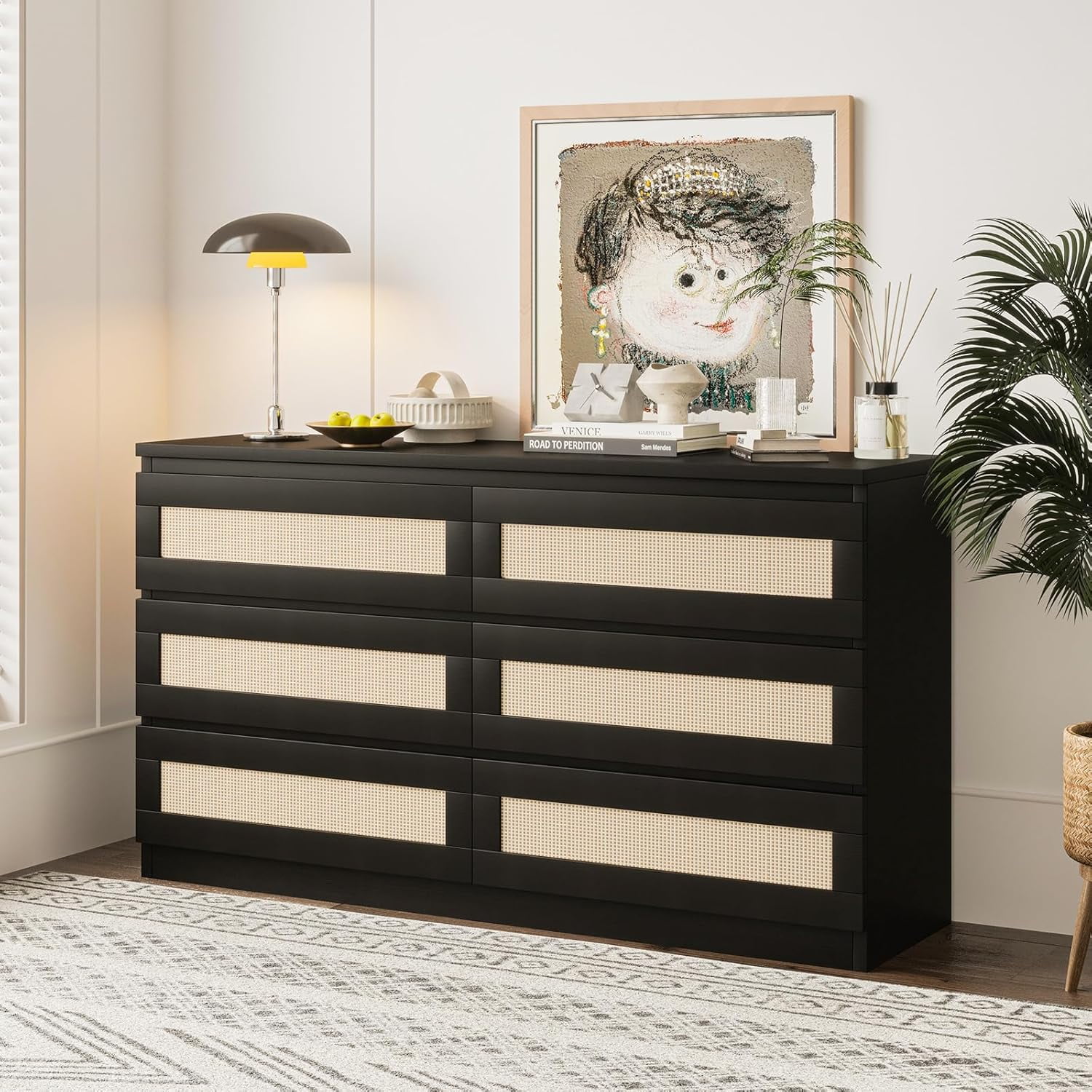 Jojoka Rattan Dresser for Bedroom, Modern 6 Drawer Double Dresser with ...