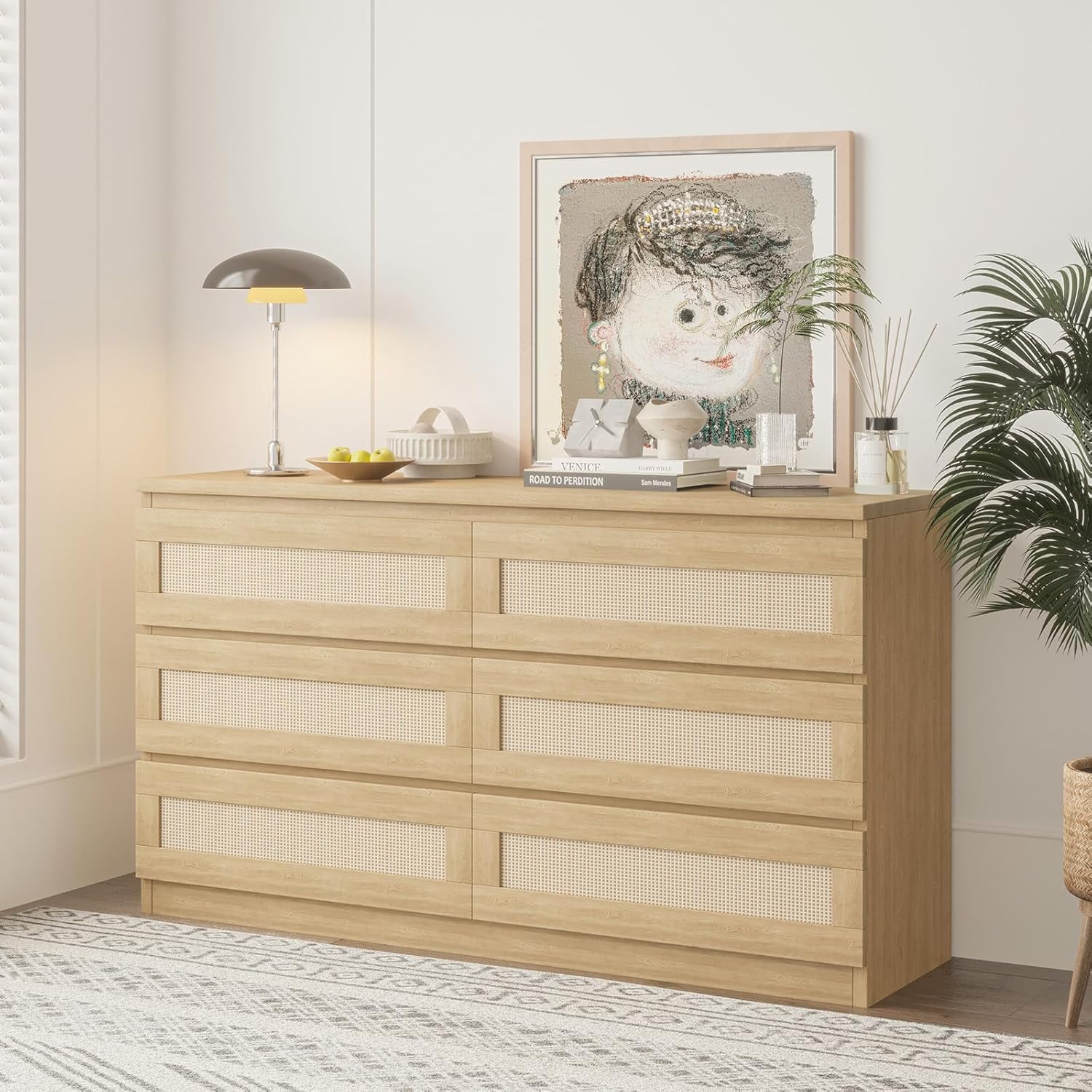 Jojoka Rattan Dresser for Bedroom, Modern 6 Drawer Double Dresser with ...