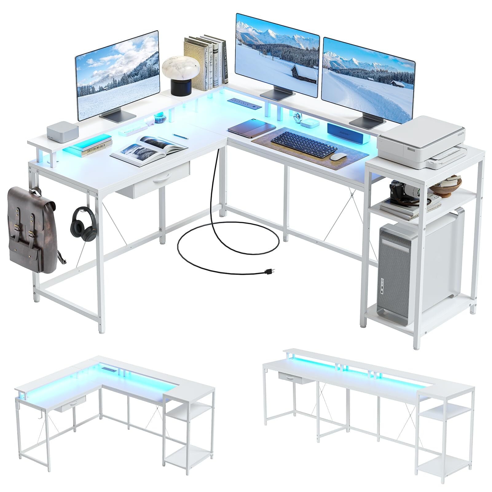 Jojoka Reversible 68" L Shaped Gaming Desk With LED Light Strip & Power ...