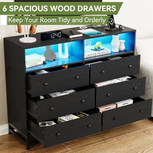 Jojoka Wide Dresser for Bedroom with Charging Station, 6 Drawer Dresser ...