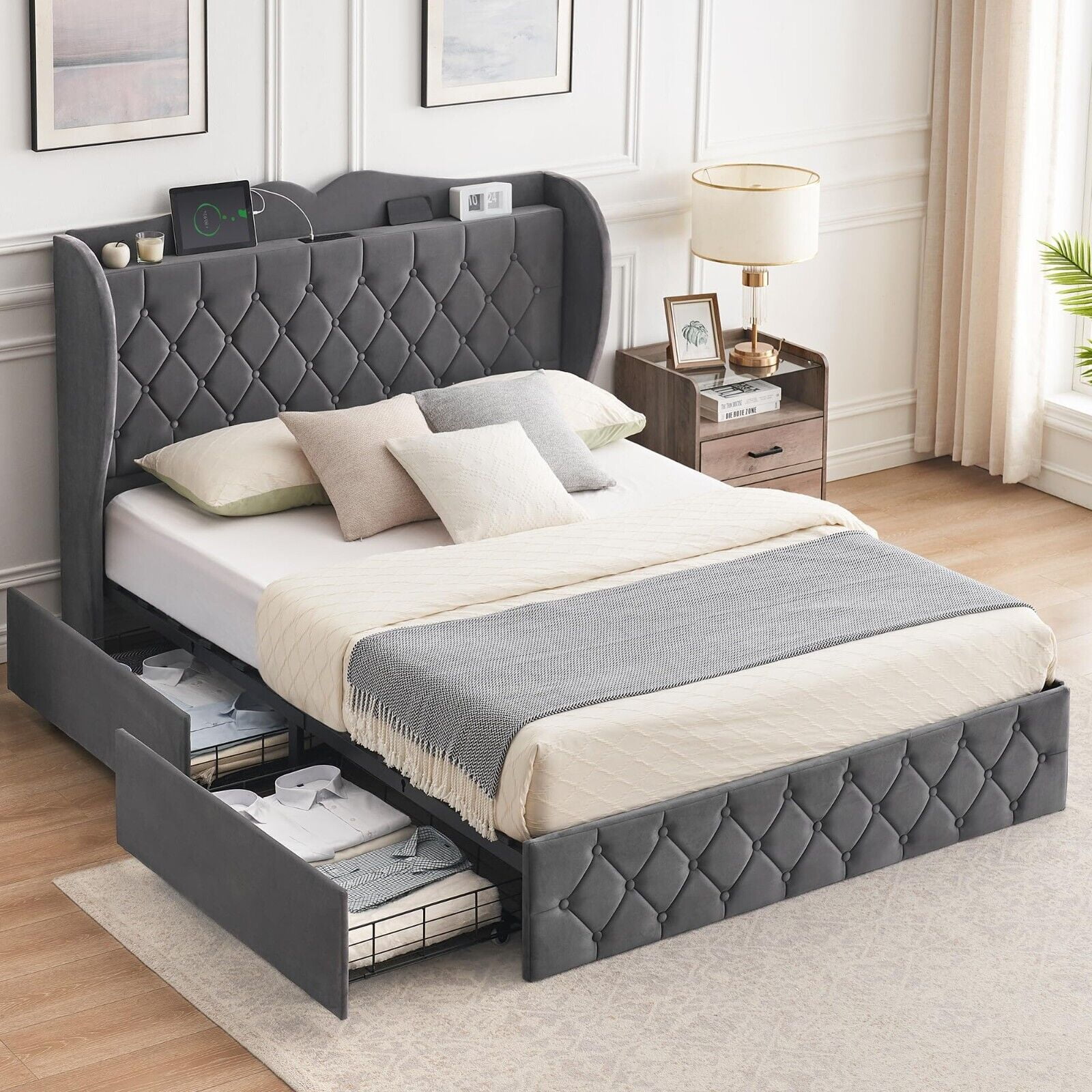 Jojoka Wingback Queen Size Bed Frame with 4 Storage Drawers and ...