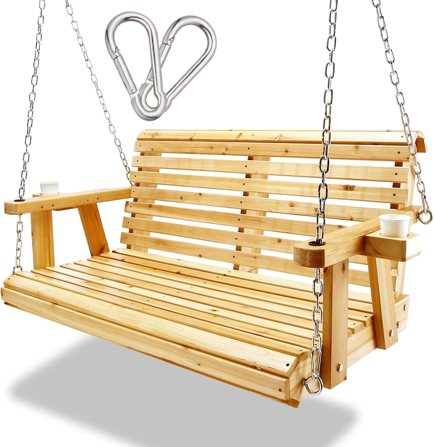 Jojoka Wood Porch Swing with Hanging Chain,2-Seater Patio Swing Chair ...