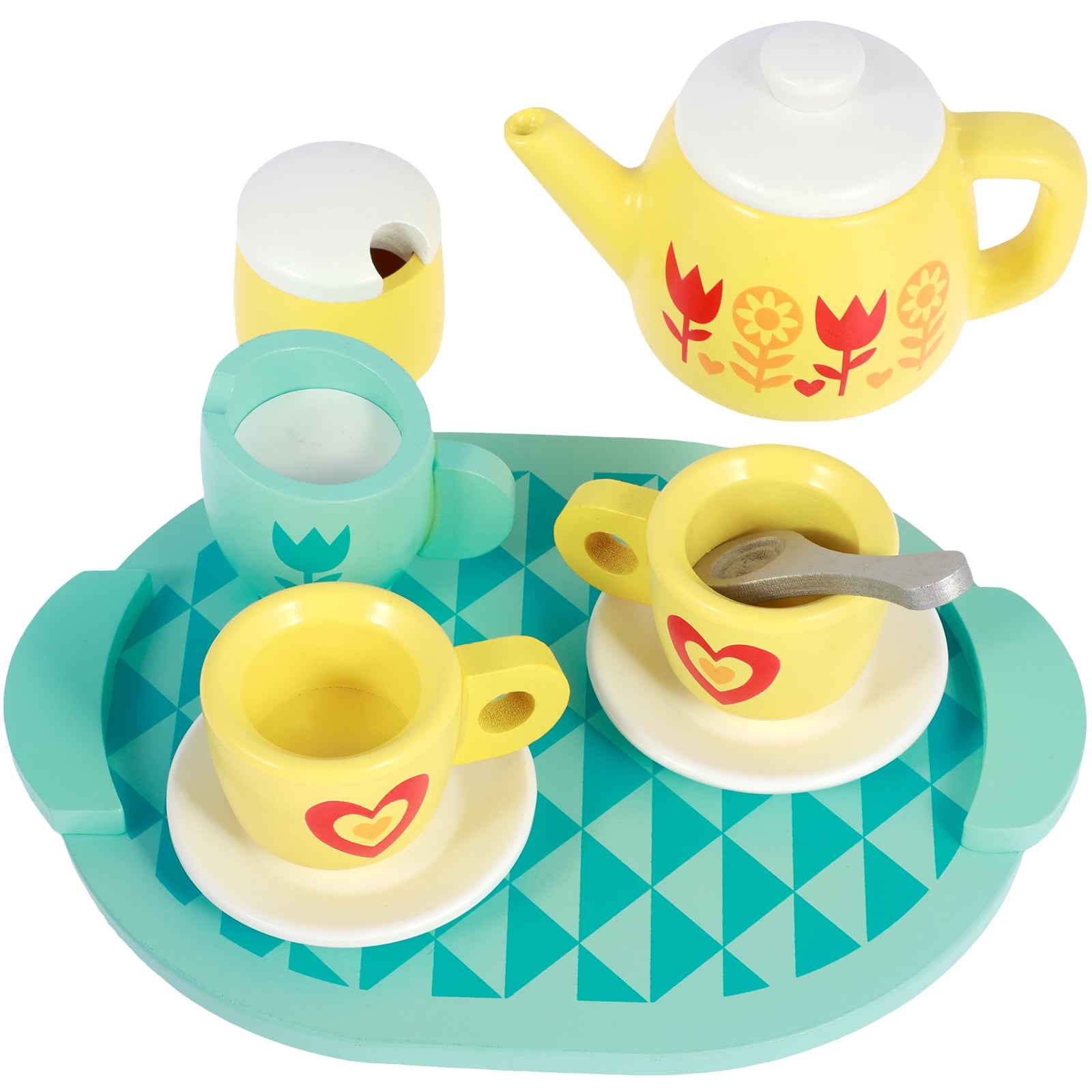 Jokapy 9 Pieces Wooden Tea Party Set for Little Girls, Kids Pretend ...