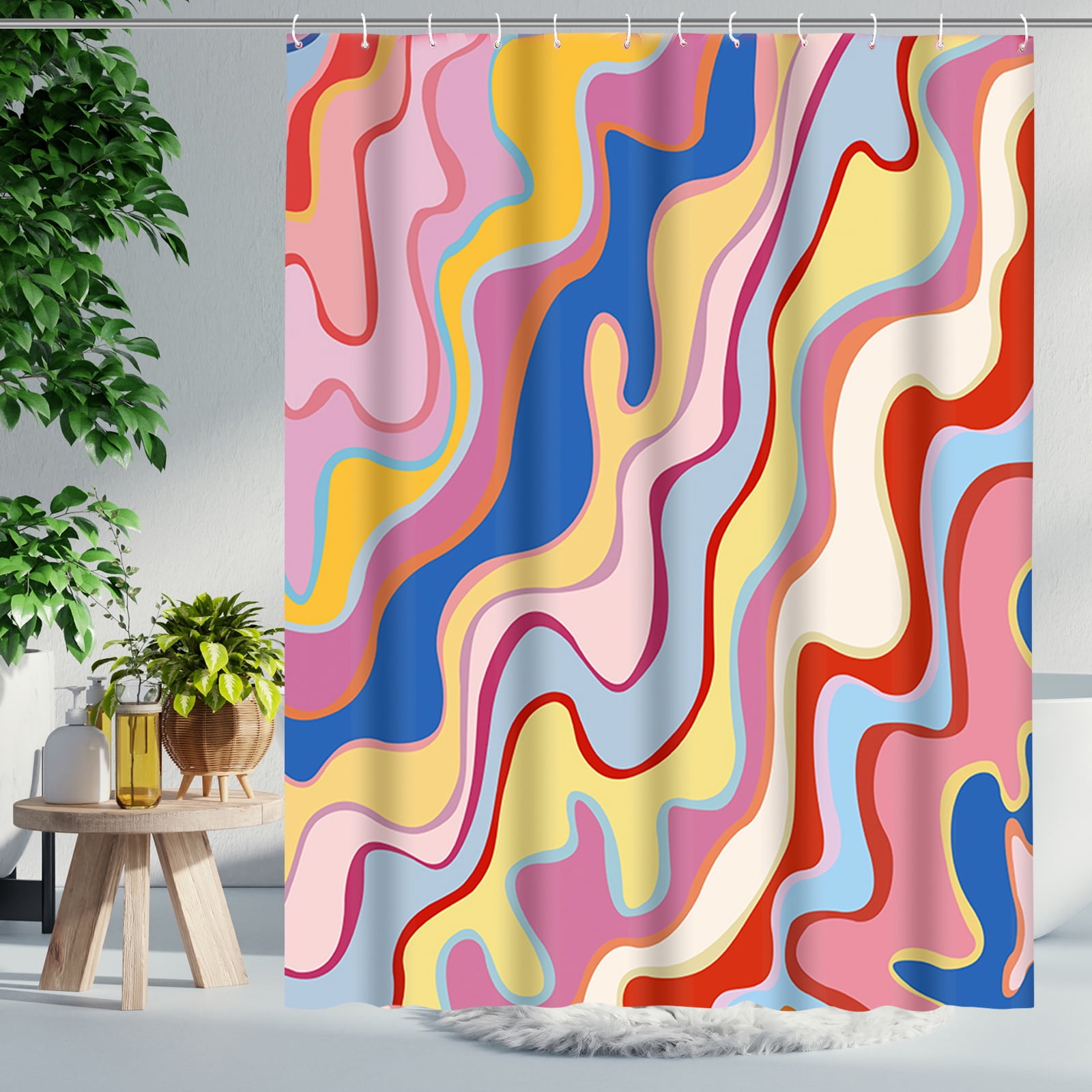 Jokapy Abstract Shower Curtain Pink Boho Wavy Swirl Fabric Bathroom