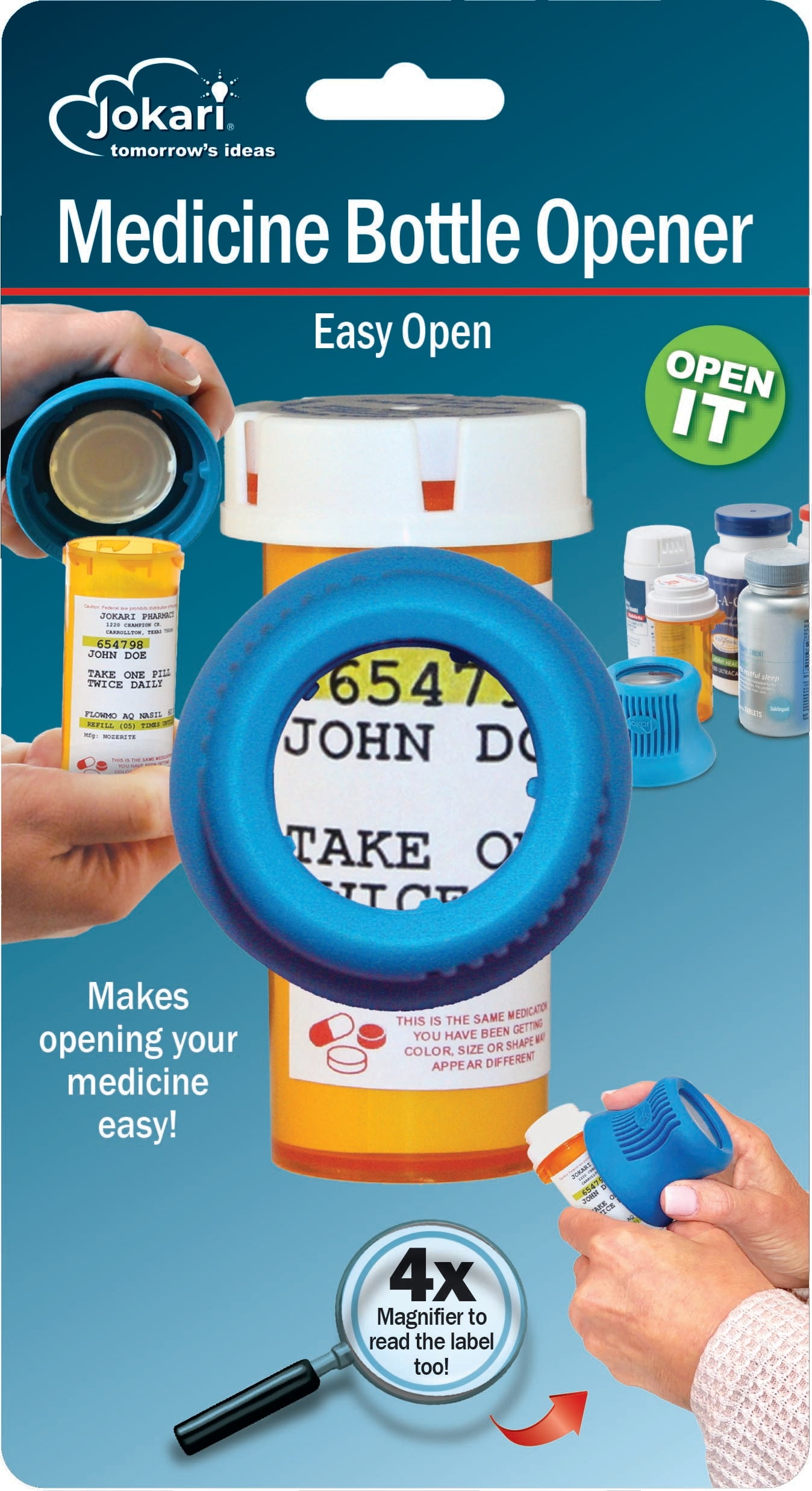 Jokari Easy Open Prescription Medicine Bottle Opener with Magnifier, 2 ...