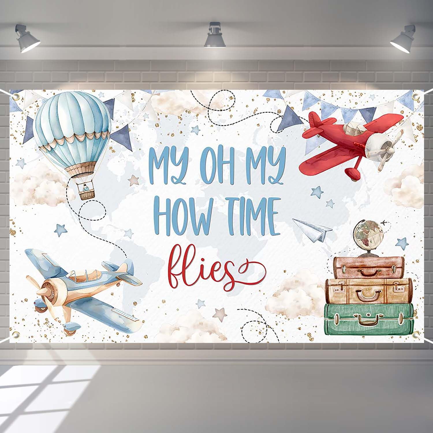 Joliaco Airplane Birthday CORNET Backdrop Banner How Time Flies 1st ...