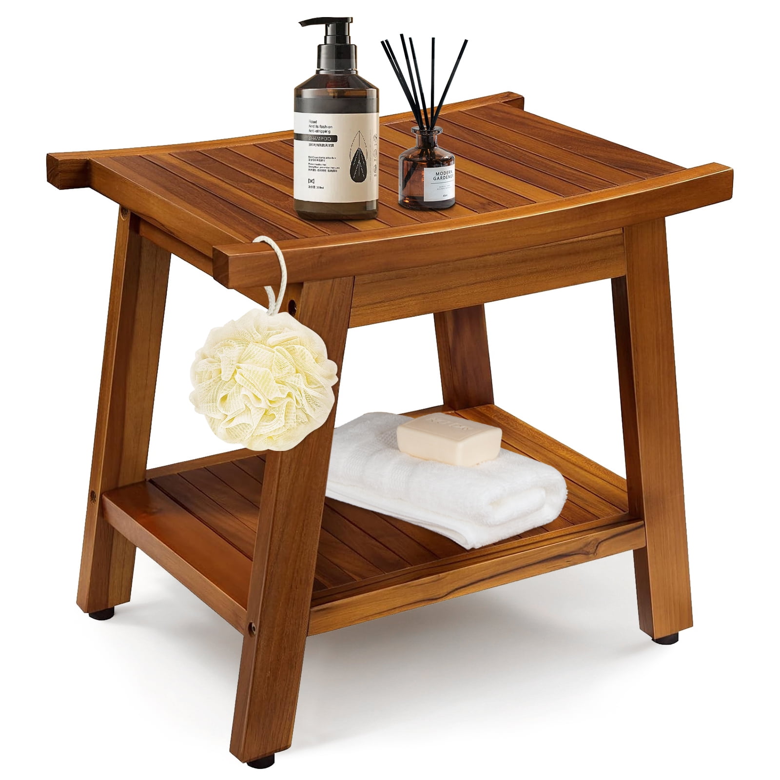 Jolicasa Teak Shower Bench with Shelf, Stable and Waterproof Teak Wood ...