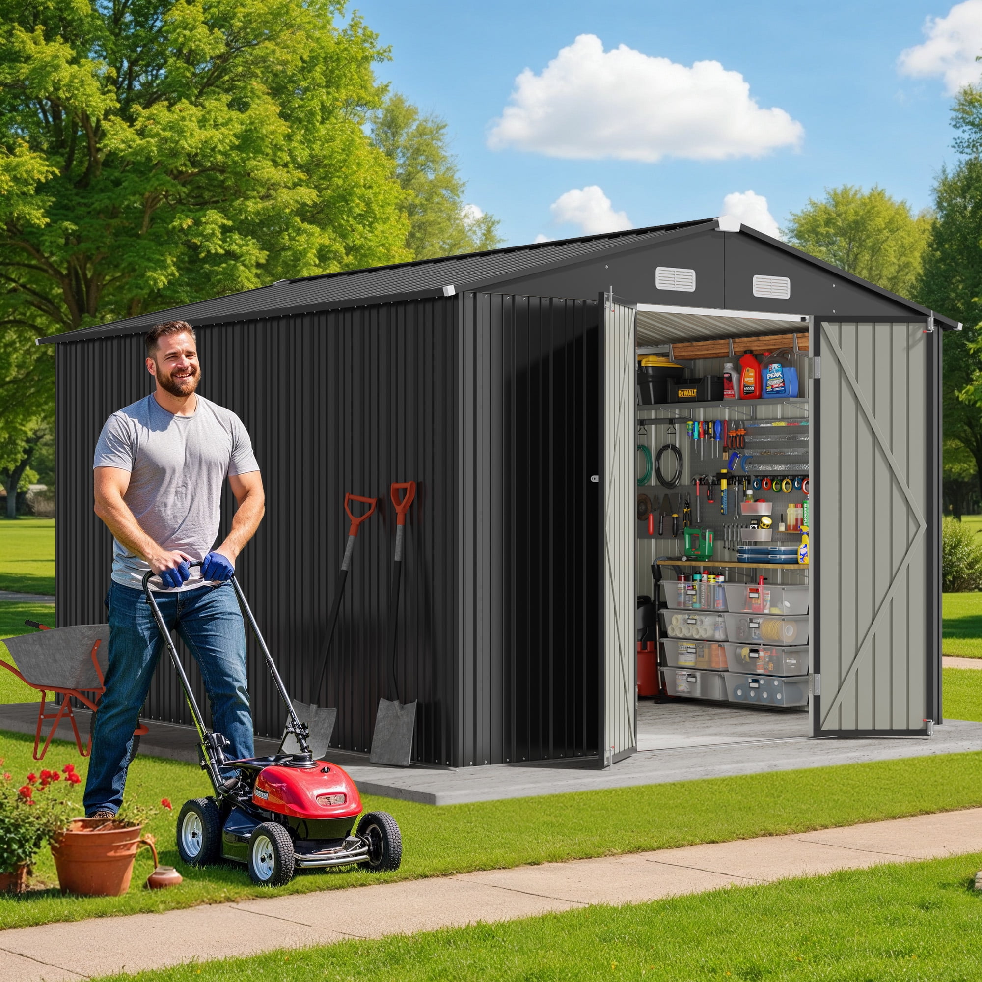 Jolifa 10x10 ft Outdoor Storage Shed, Heavy Duty Galvanized Steel Metal ...