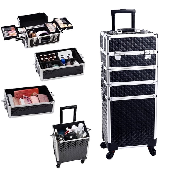 5 in 1 Professional Makeup Train Case Aluminum Cosmetic Case Rolling ...