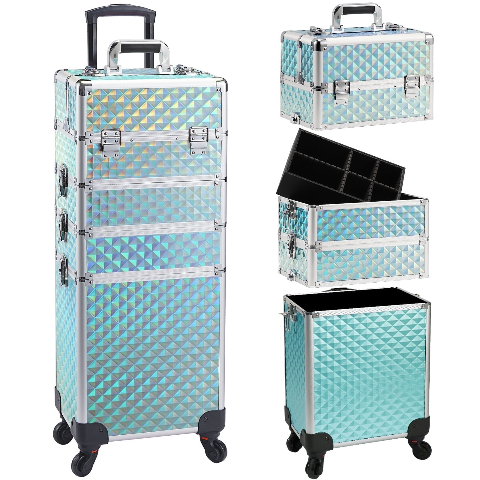 4 in 1 Rolling Makeup Train Case Large Cosmetic Trolley Box Salon ...