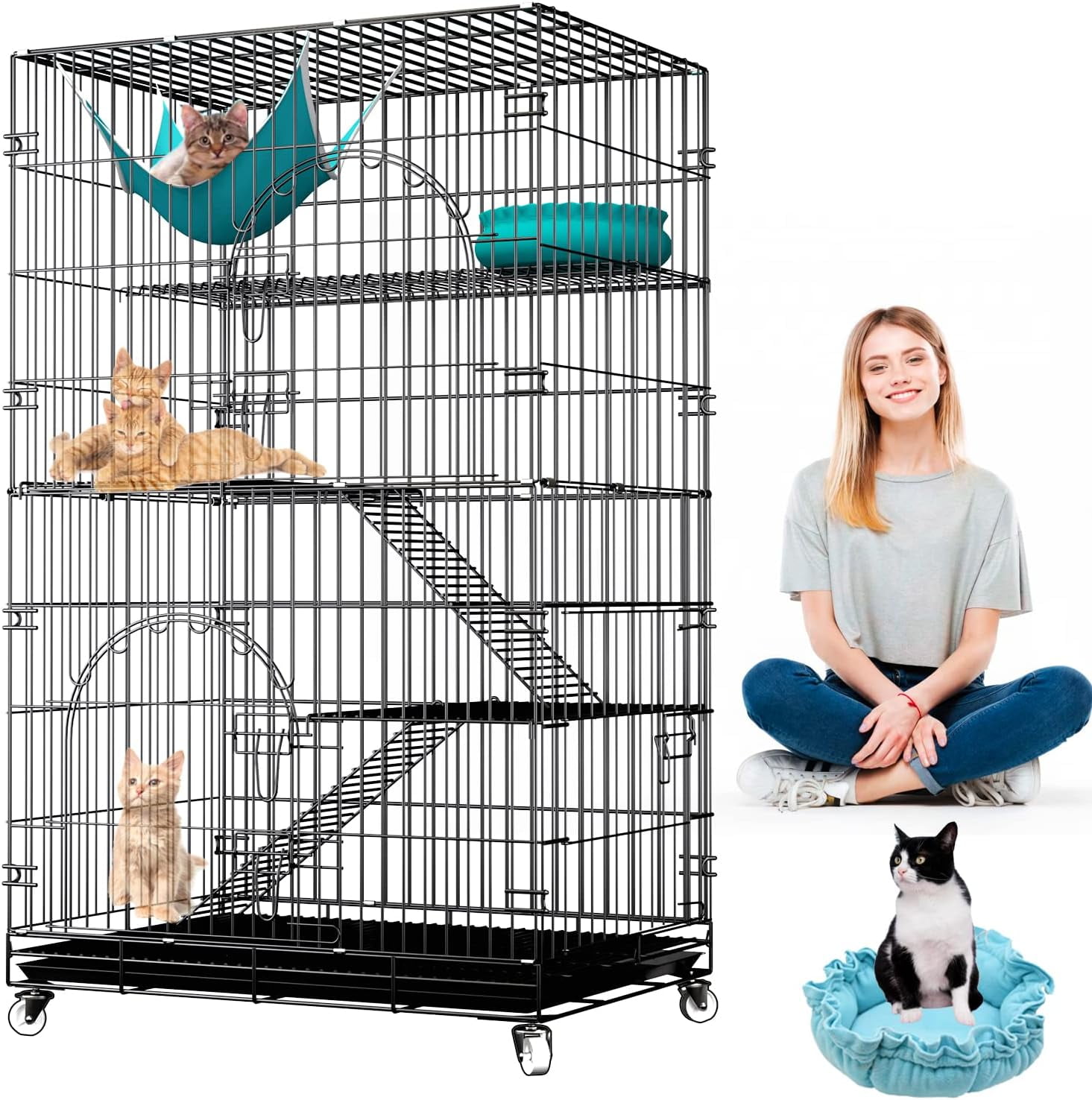 Jollebone Large Cat Cage 4-Tier Foldable Cat Enclosures Playpen Indoor ...
