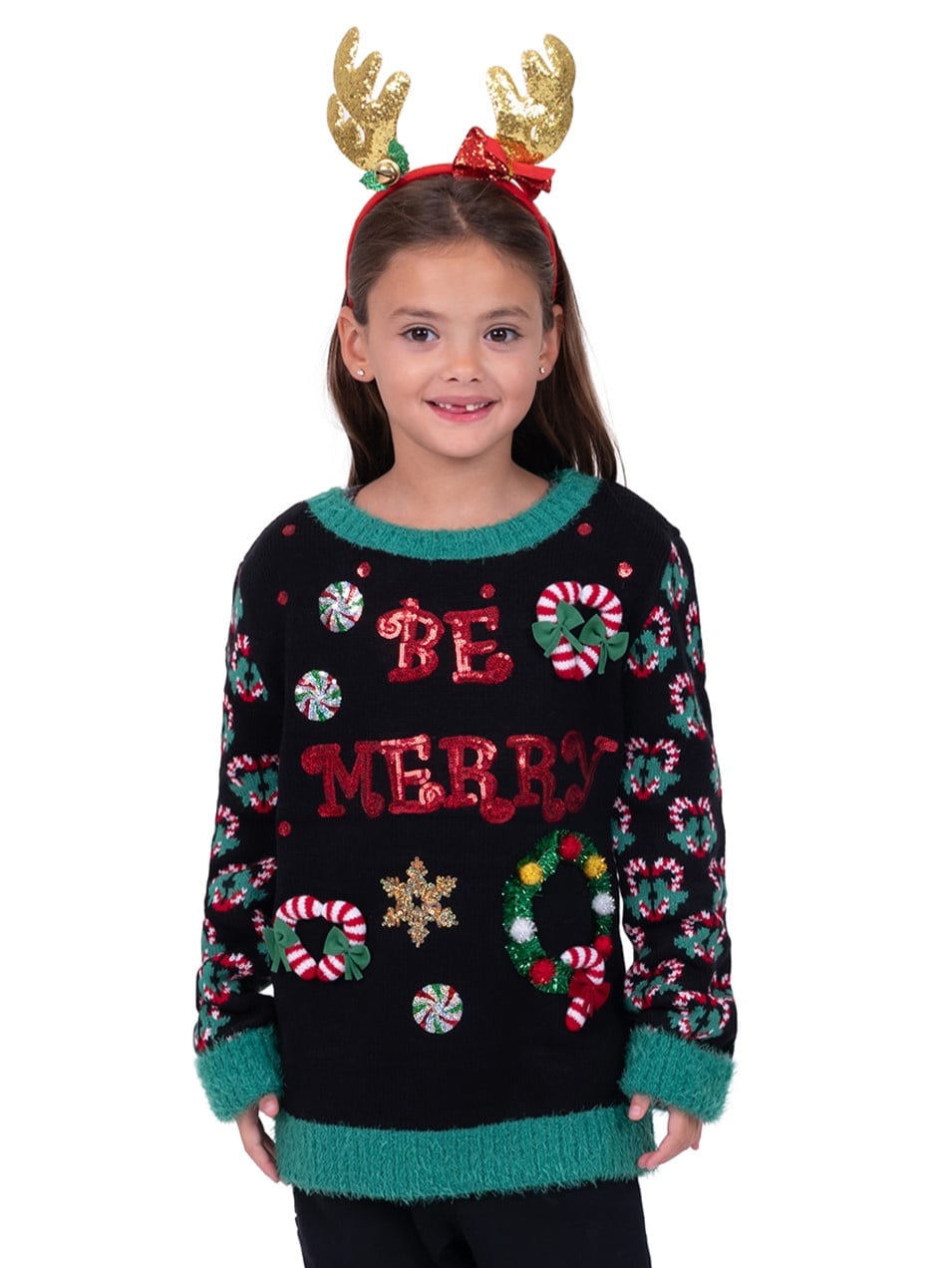 Jollidays Girls' Be Merry Long Sleeve Crewneck Christmas Sweater, Size ...