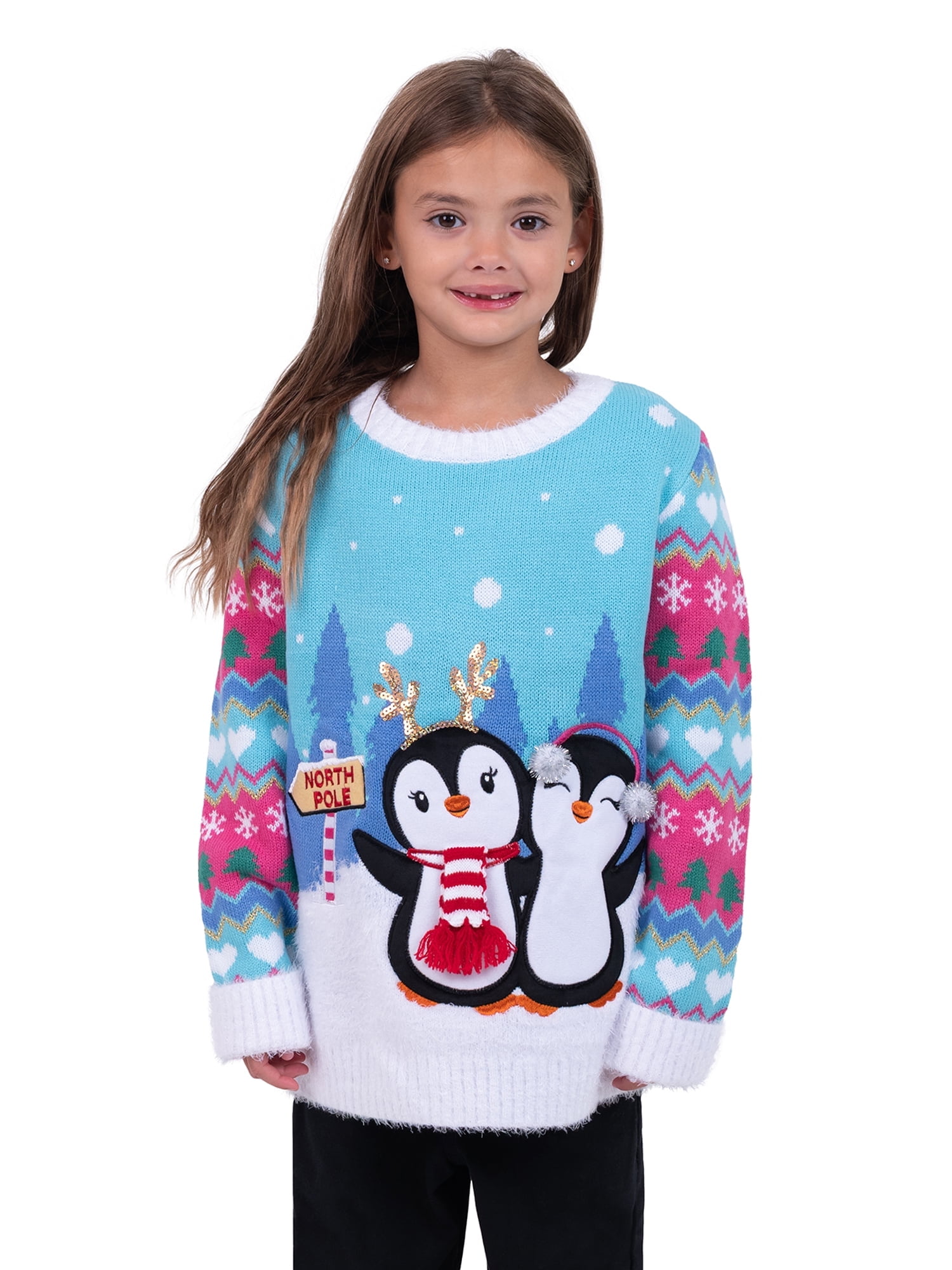 Jollidays Girls' North Pole Penguins Long Sleeve Crewneck Christmas ...