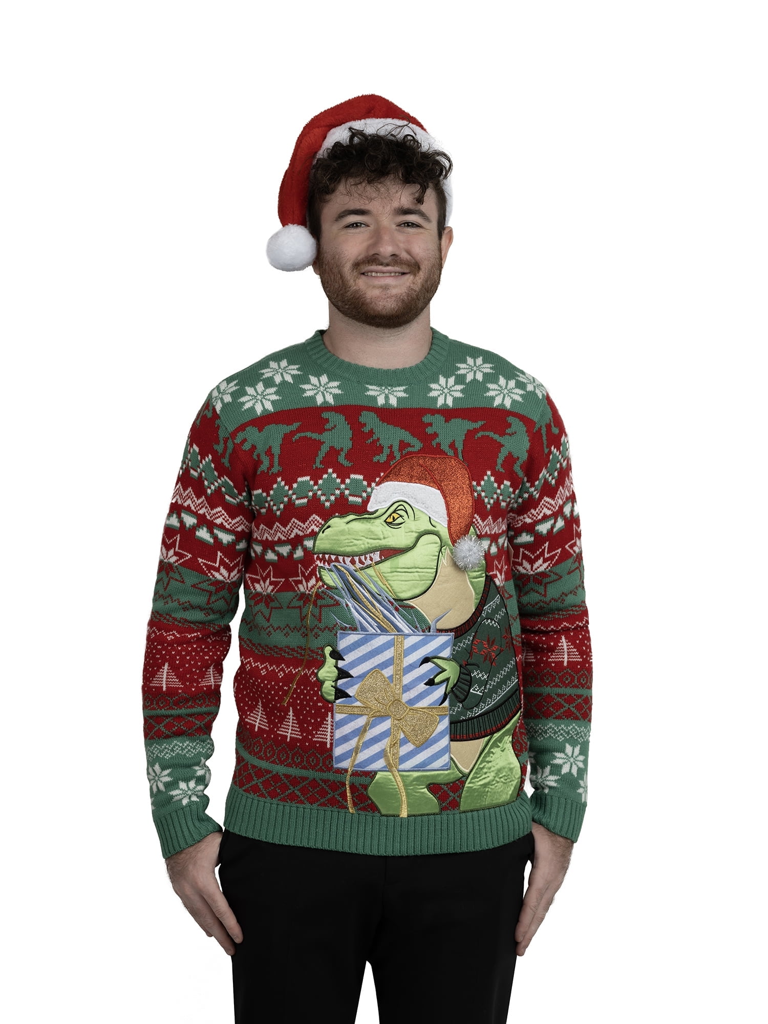 Jollidays Men's Hungry T-Rex Ugly Christmas Sweater with Drink Pocket ...