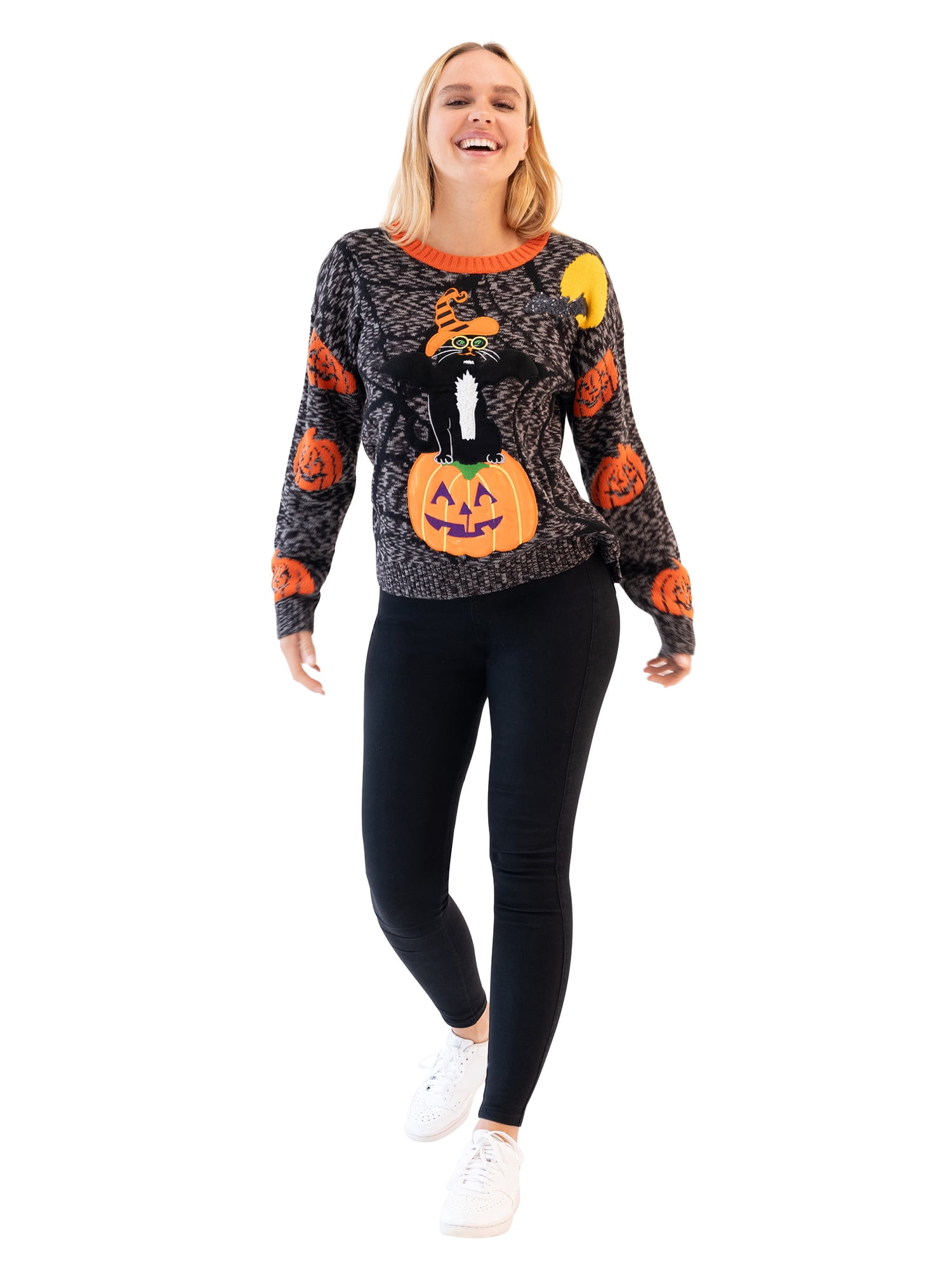 Jollidays Women's Pumpkin Cat Halloween Pullover Sweater, Sizes S-XXL ...