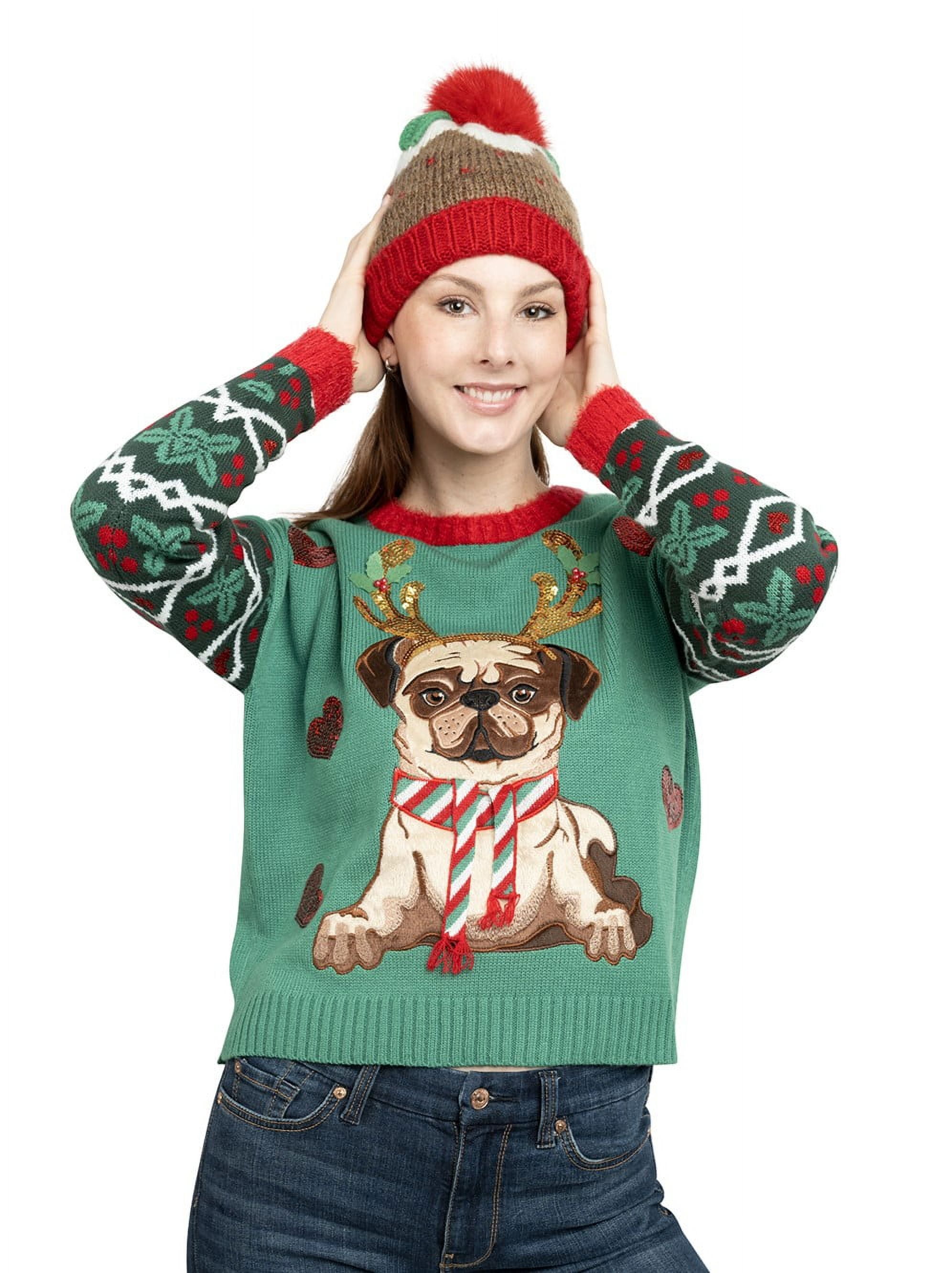 Jollidays Women's Reindeer Pug Ugly Christmas Sweater - Walmart.com