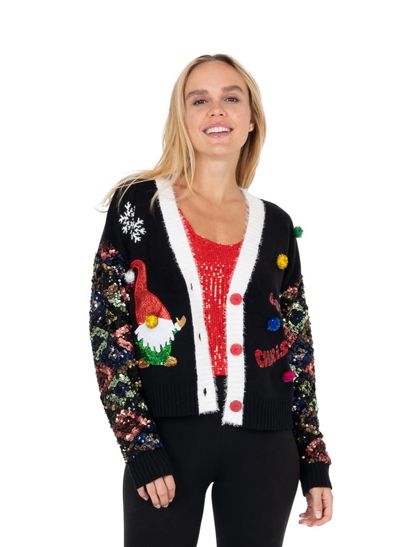 Jollidays Women's Sequin Sleeve Christmas Gnome Cardigan, Sizes S-XXL ...