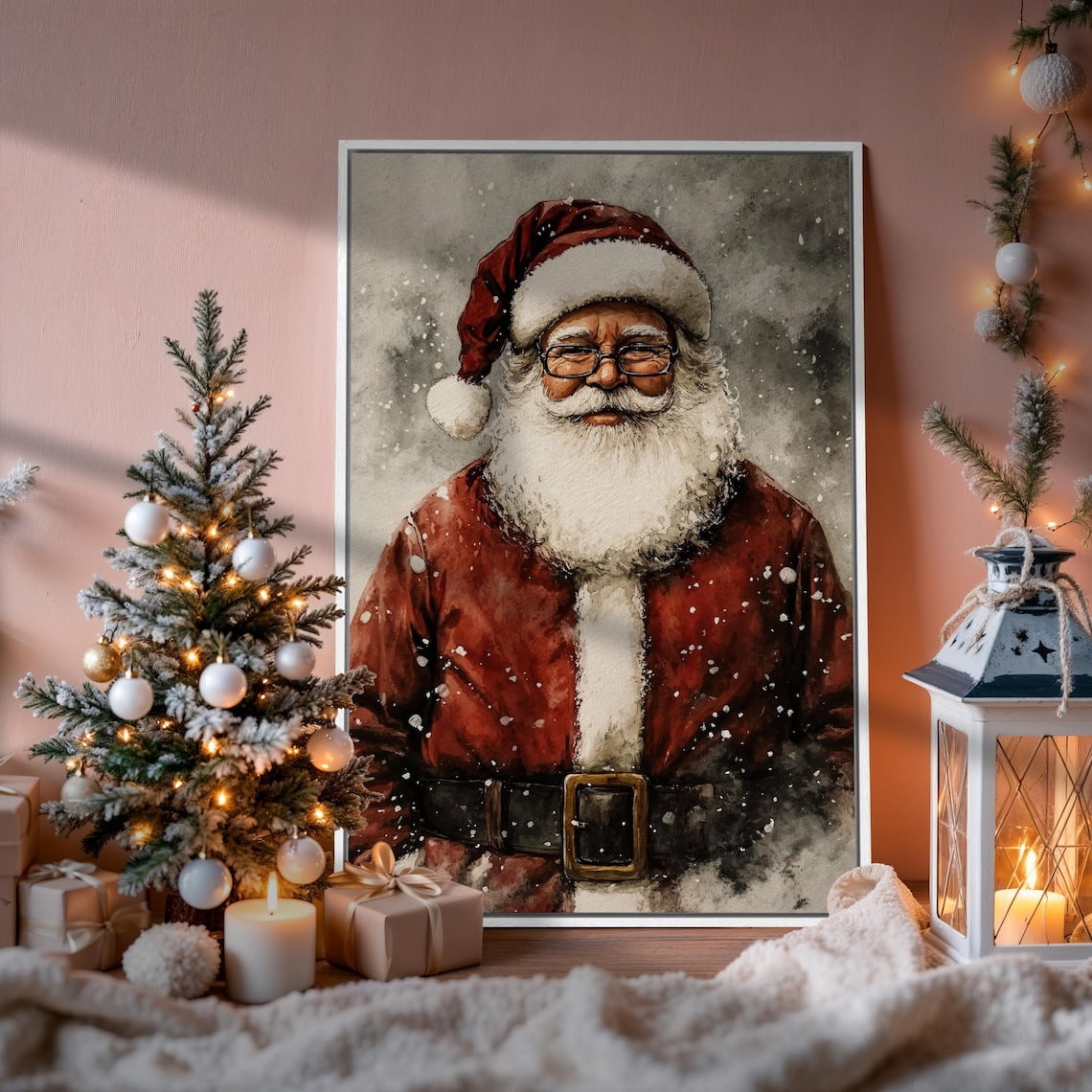 Jolly Santa In Snow Portrait Print Father Wall Art Winter Print Festive ...