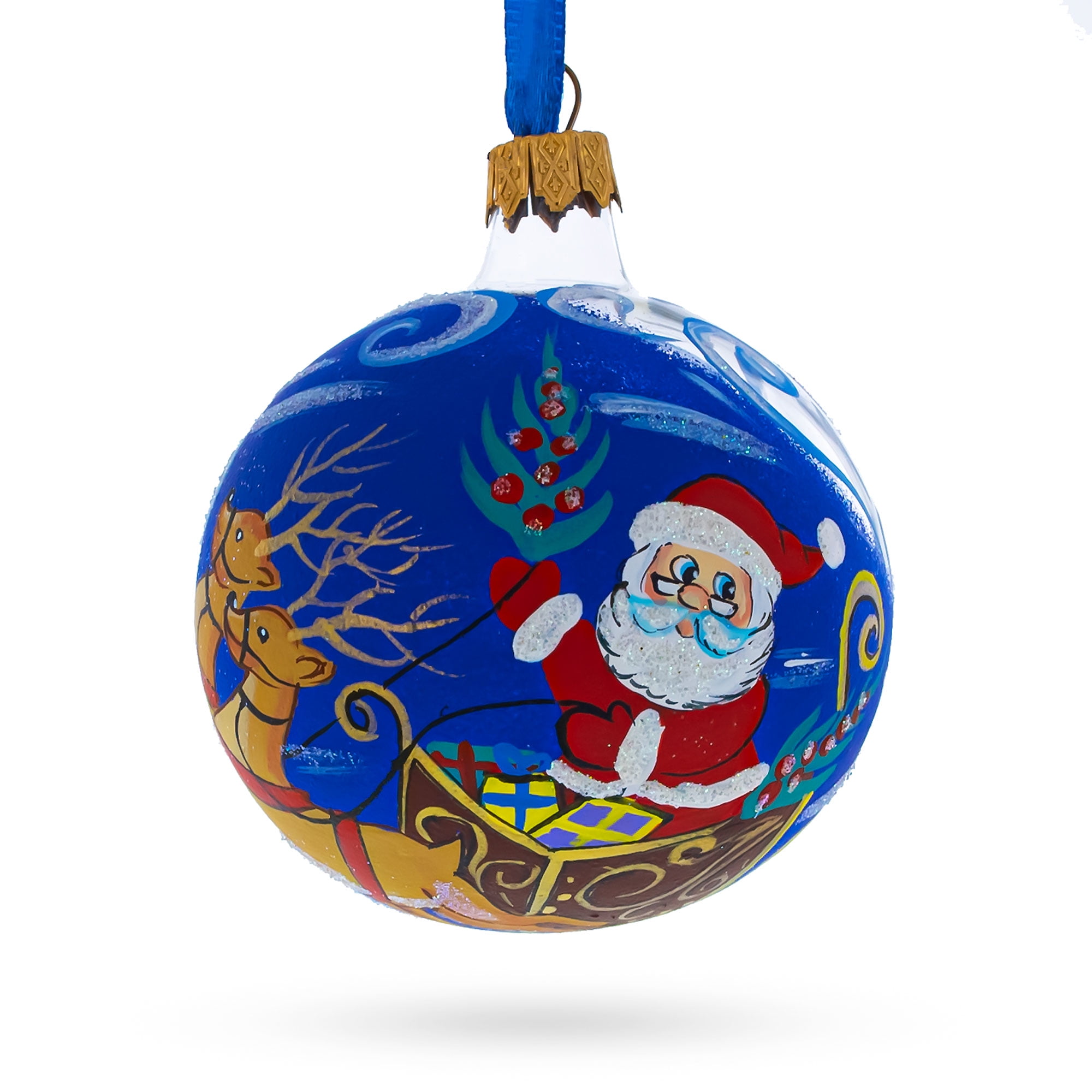Jolly Santa Riding Sleigh with Reindeer Glass Ball Christmas Ornament 3 ...