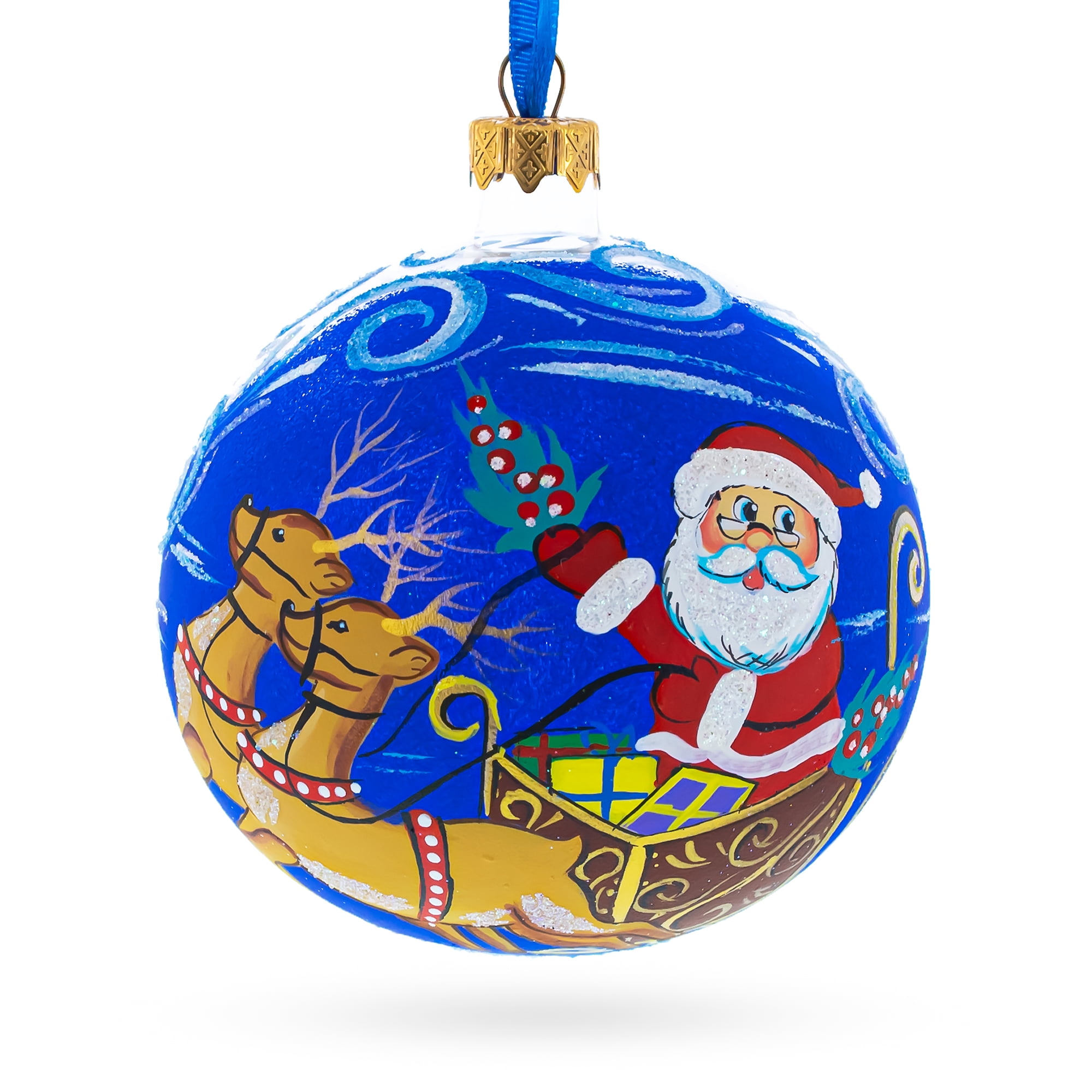 Jolly Santa Riding Sleigh with Reindeer Glass Ball Christmas Ornament 4 ...