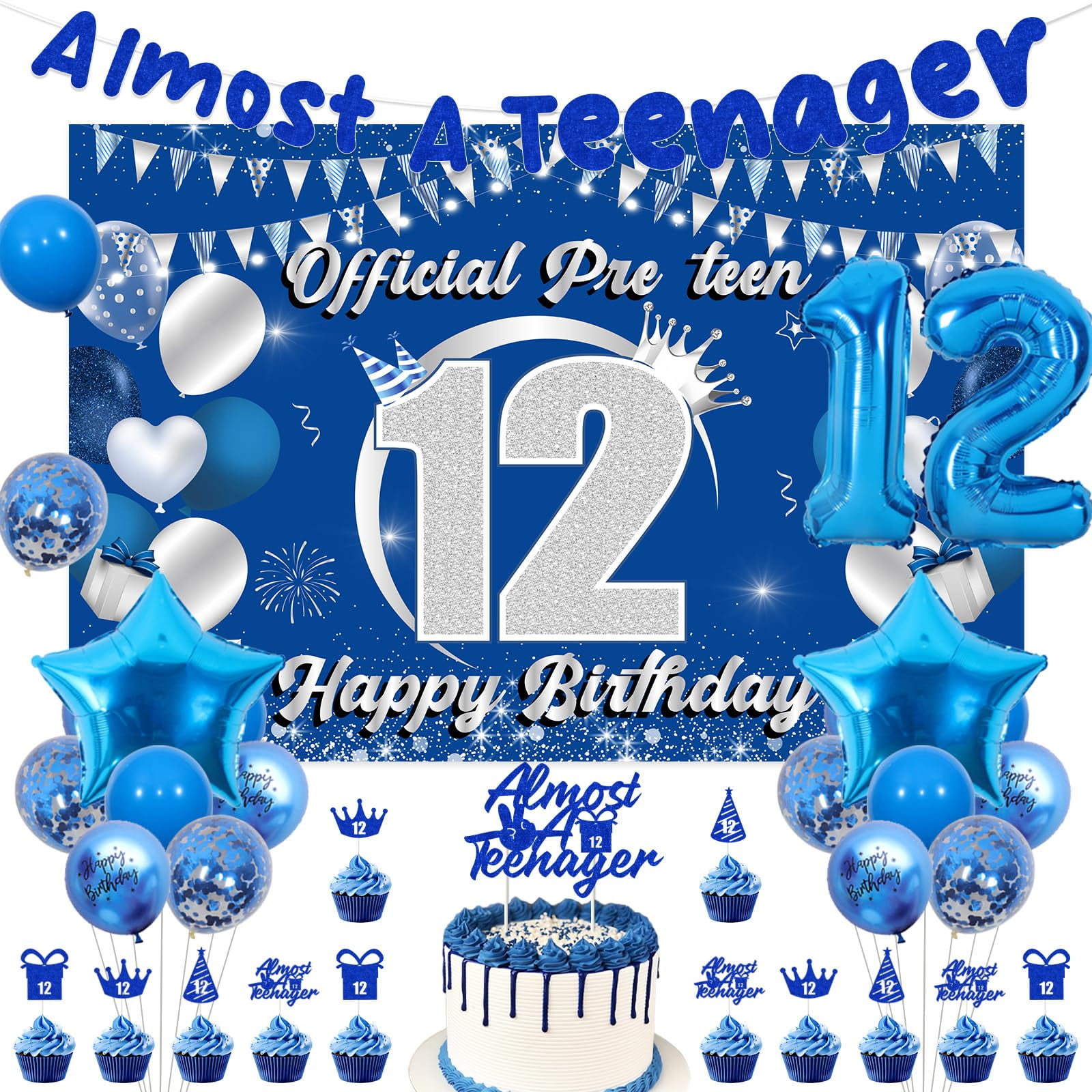 Jollyboom 12th Birthday Decorations for Boy, ZLK1 Blue Silver 12 Pre ...