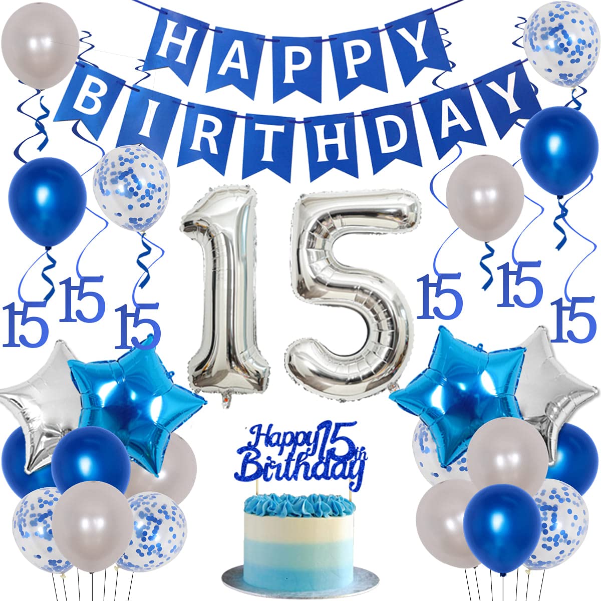 Jollyboom 15th Birthday Decorations: Blue Party KKS1 Supplies for ...