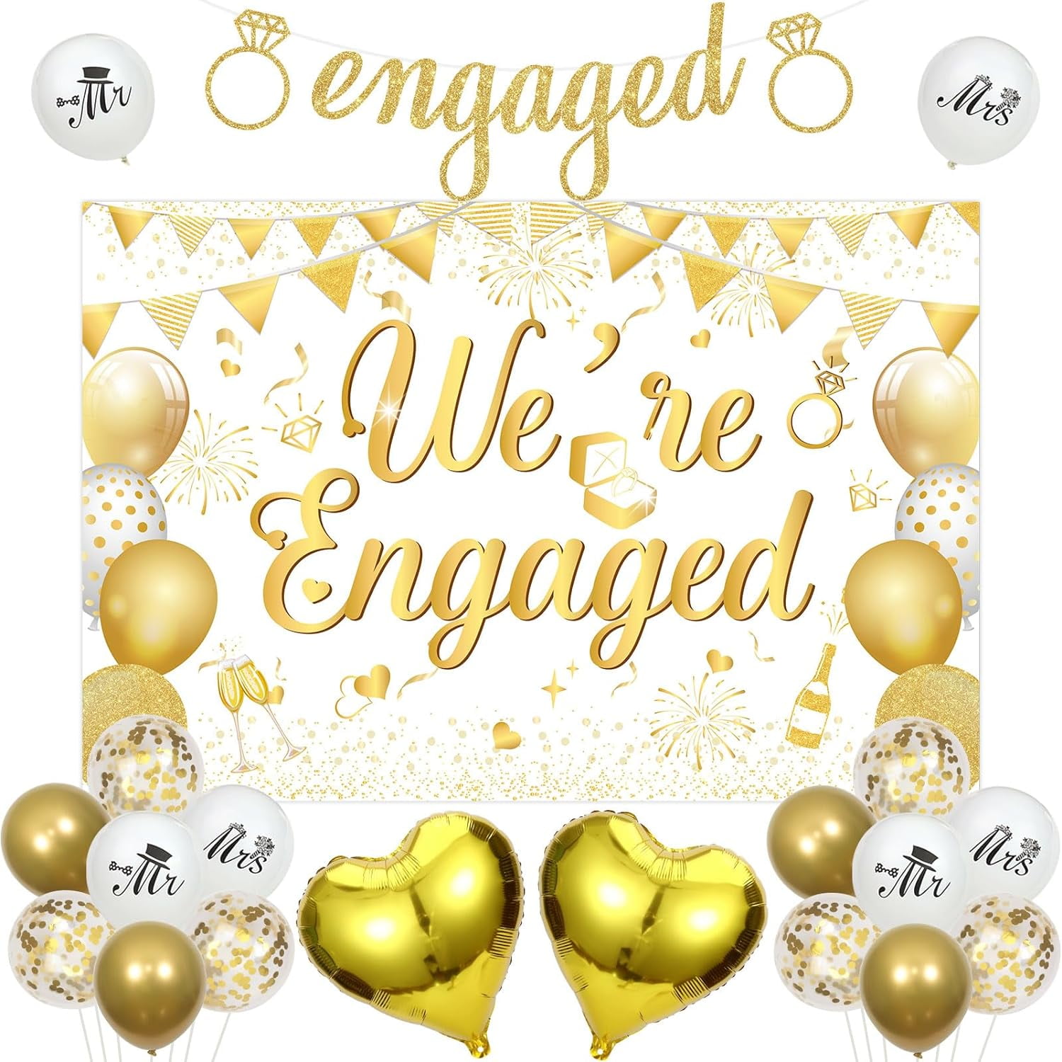 Jollyboom Engagement Party Decorations Gold, We are Engaged Backdrop ...